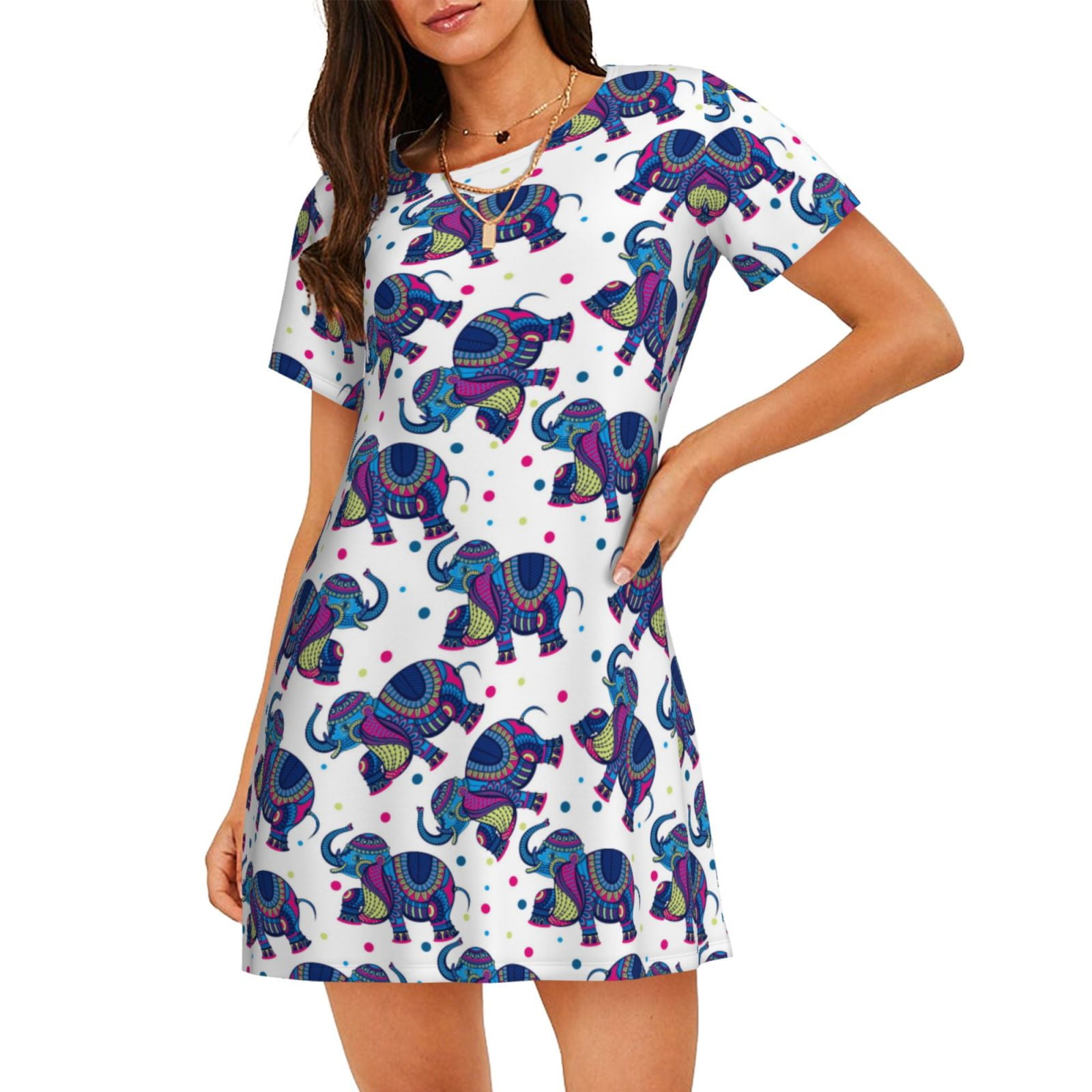 Balery Boho elephant Pattern Womens Short Sleeve Sleepshirt Scoopneck ...