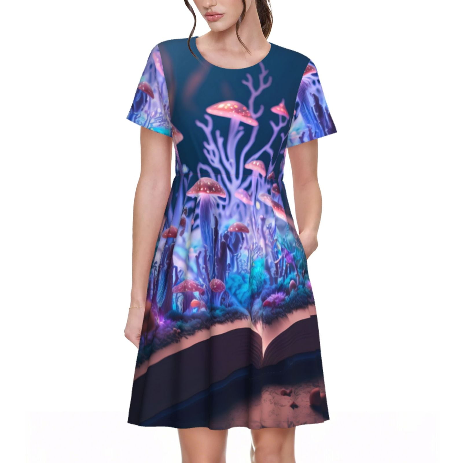 Balery Book Glowing Mushrooms Pattern Womens Dresses Loose Short sleeve ...