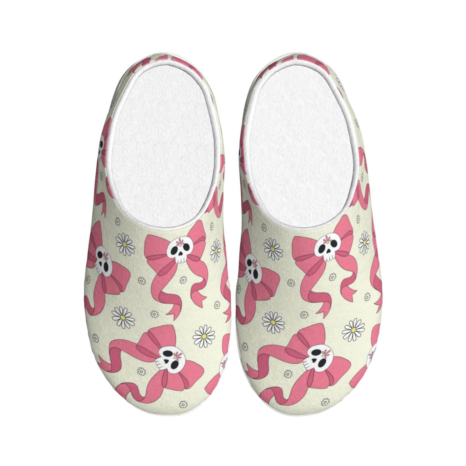 Balery Bow With Sugar Skull Pattern Women's Fuzzy Memory Foam Slippers ...