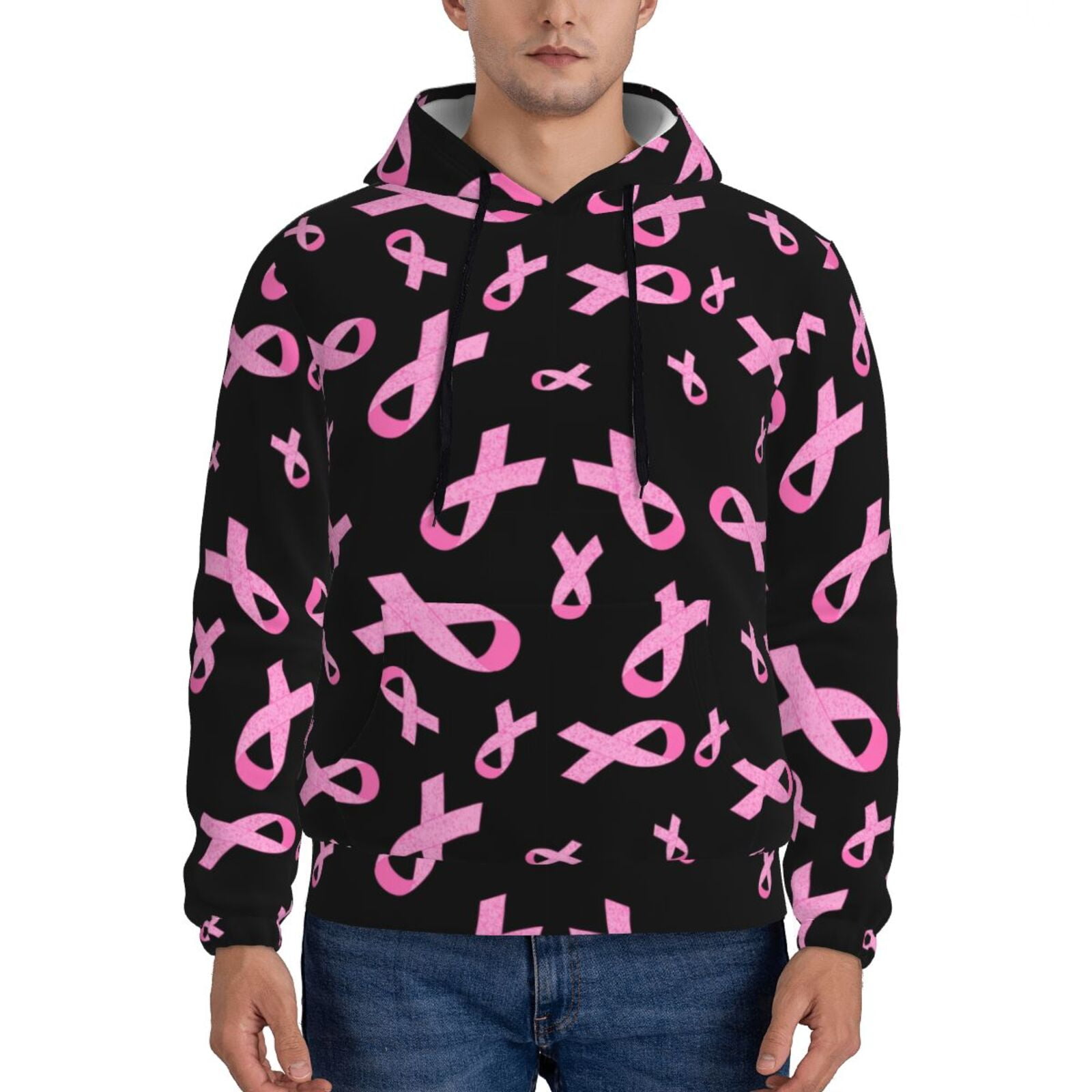 Balery Breast Cancer Awareness Pattern Mens Hoodie Kangaroo Pocket ...