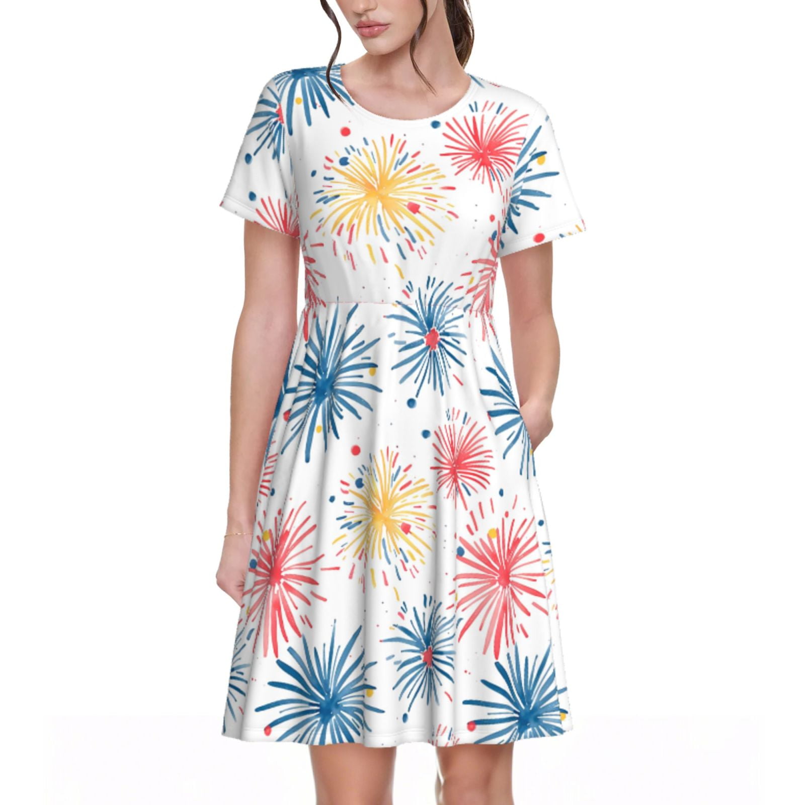 Balery Bright Colorful Fireworks Pattern Womens Dresses Loose Short ...