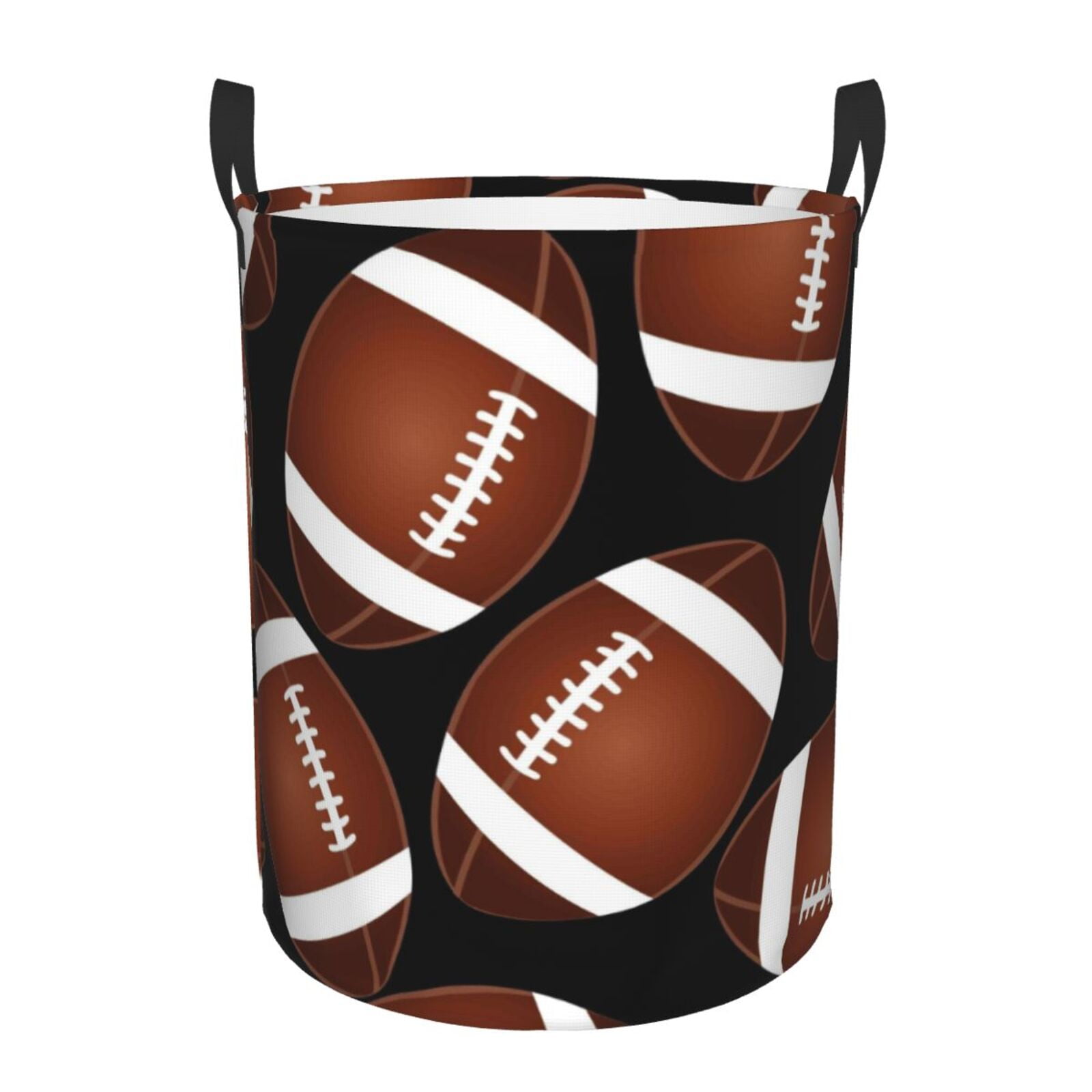 Balery Brown Football On Black Round Laundry Basket with Handles ...