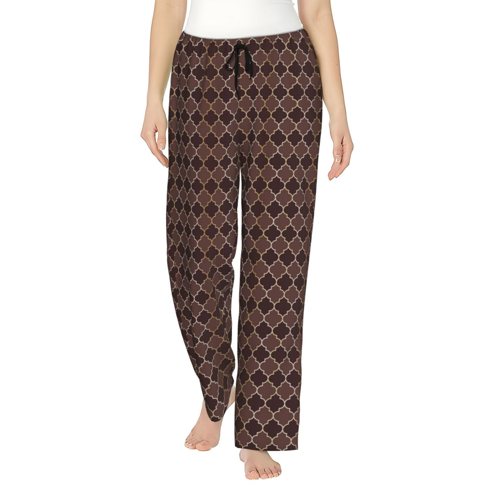 Balery Brown Gold Grid print Women's Pajama Pants,Ultra Lightweight Pjs ...