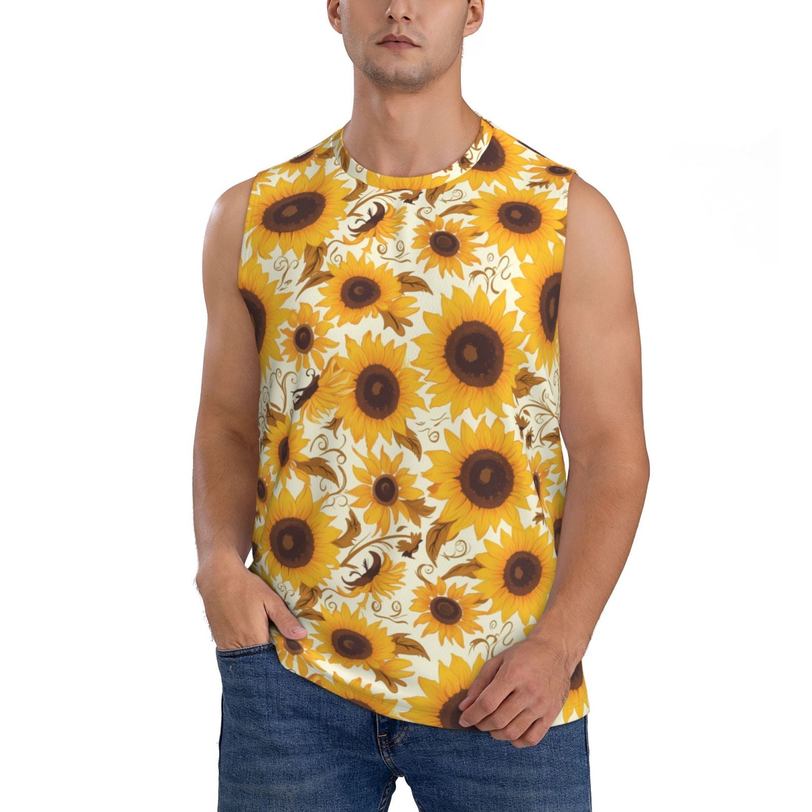 Balery Brown Leaf Pattern Sunflower Men's Sleeveless Muscle Shirts ...