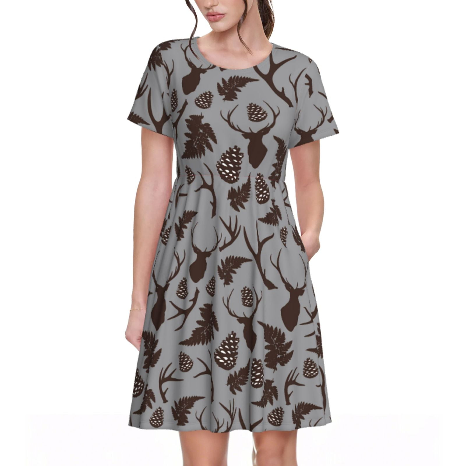 Balery Brown Moose with Pinecones Pattern Womens Dresses Loose Short ...