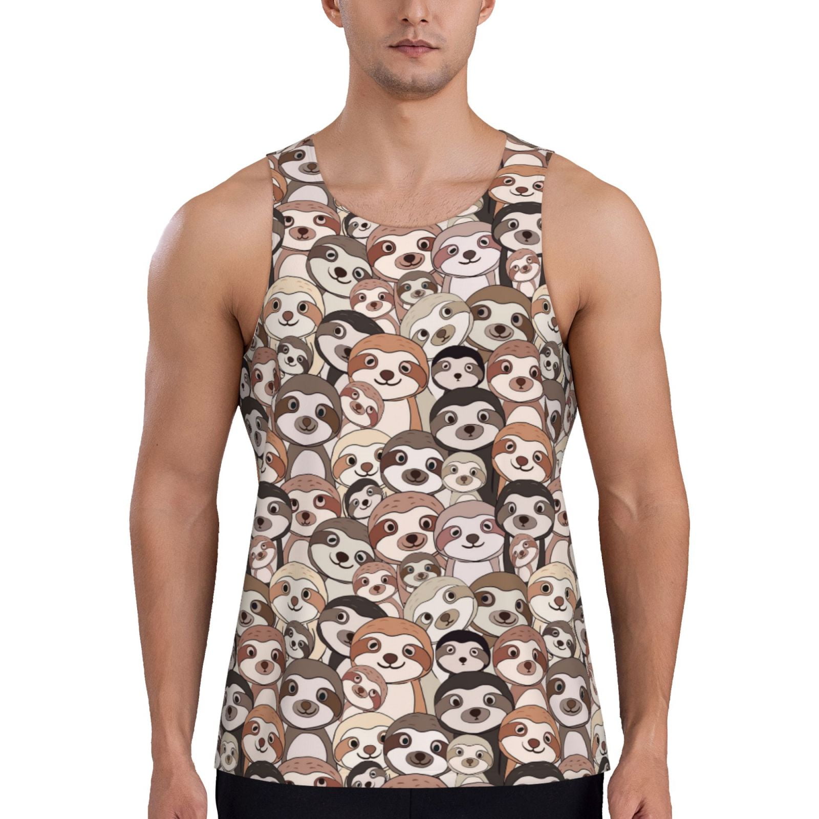 Balery Brown Sloth Pattern Men's Workout Tank Top Gym Muscle Tee ...