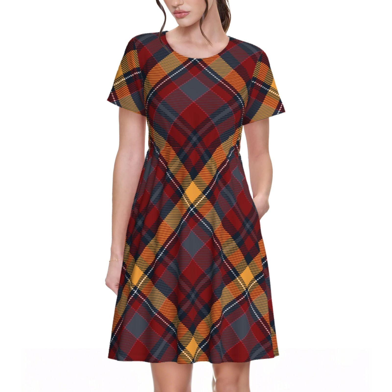 Balery Buffalo Check Plaid Pattern Womens Dresses Loose Short sleeve ...