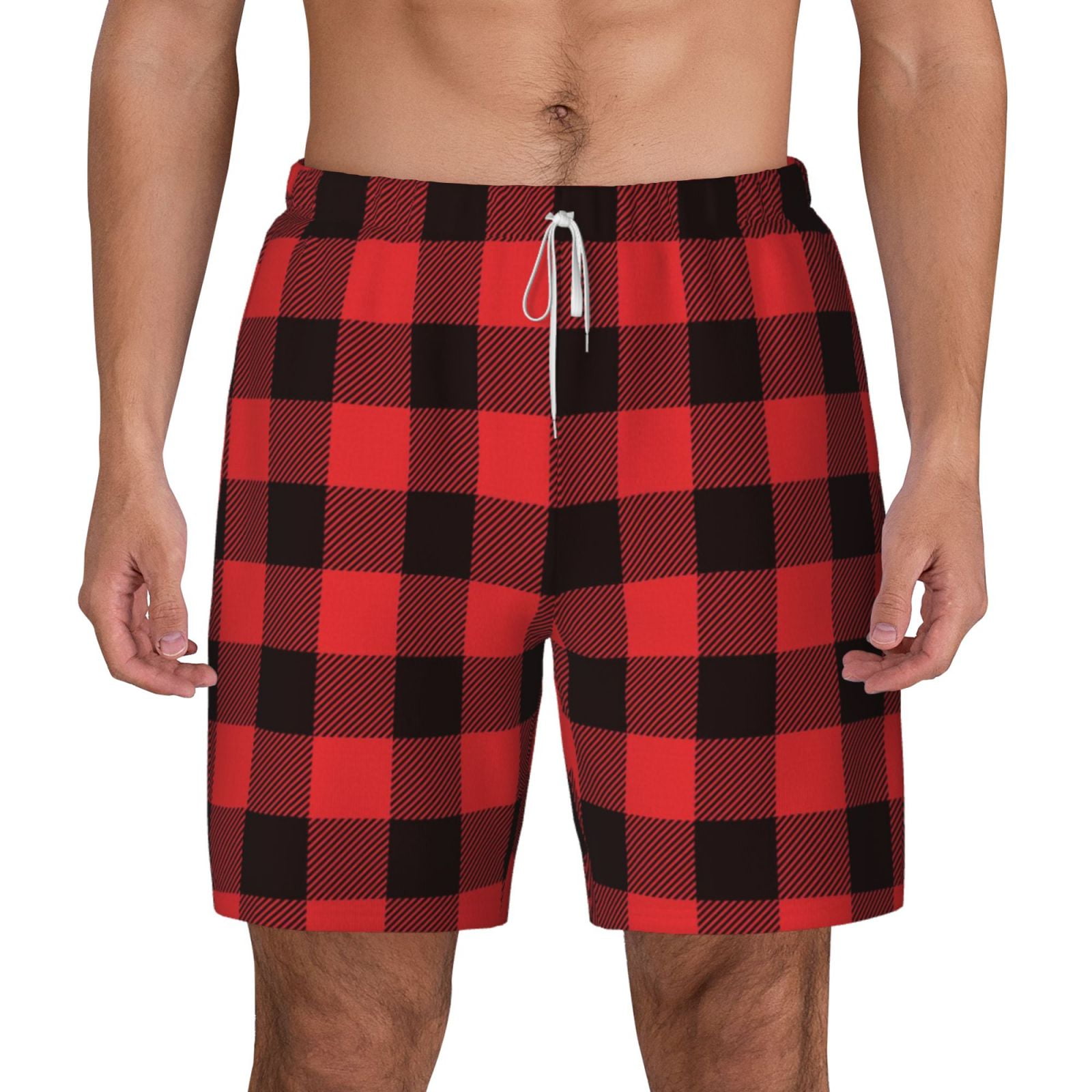 Balery Buffalo Plaid Red Black Mens Swim Trunks Swim Shorts for Men ...