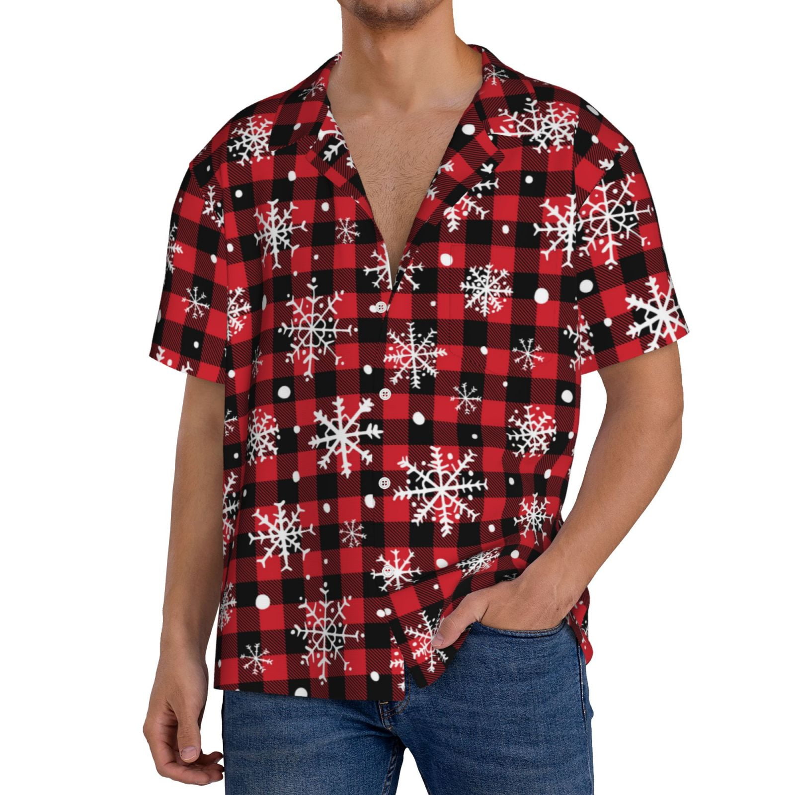 Balery Buffalo Plaid Snowflakes Men's Casual Button Down Shirt Short ...