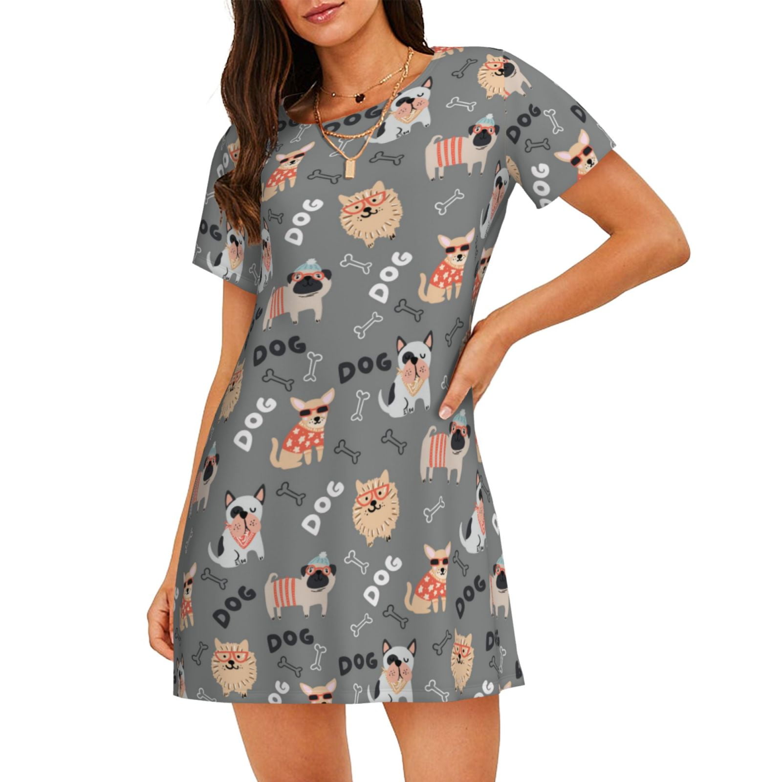 Balery Bulldog Pattern Womens Short Sleeve Sleepshirt Scoopneck Cute ...