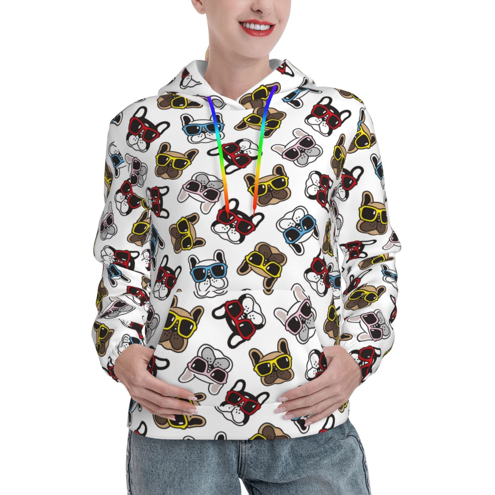 Balery Bulldog Sunglasses Face Pattern Womens Long Sleeve Hoodie ...