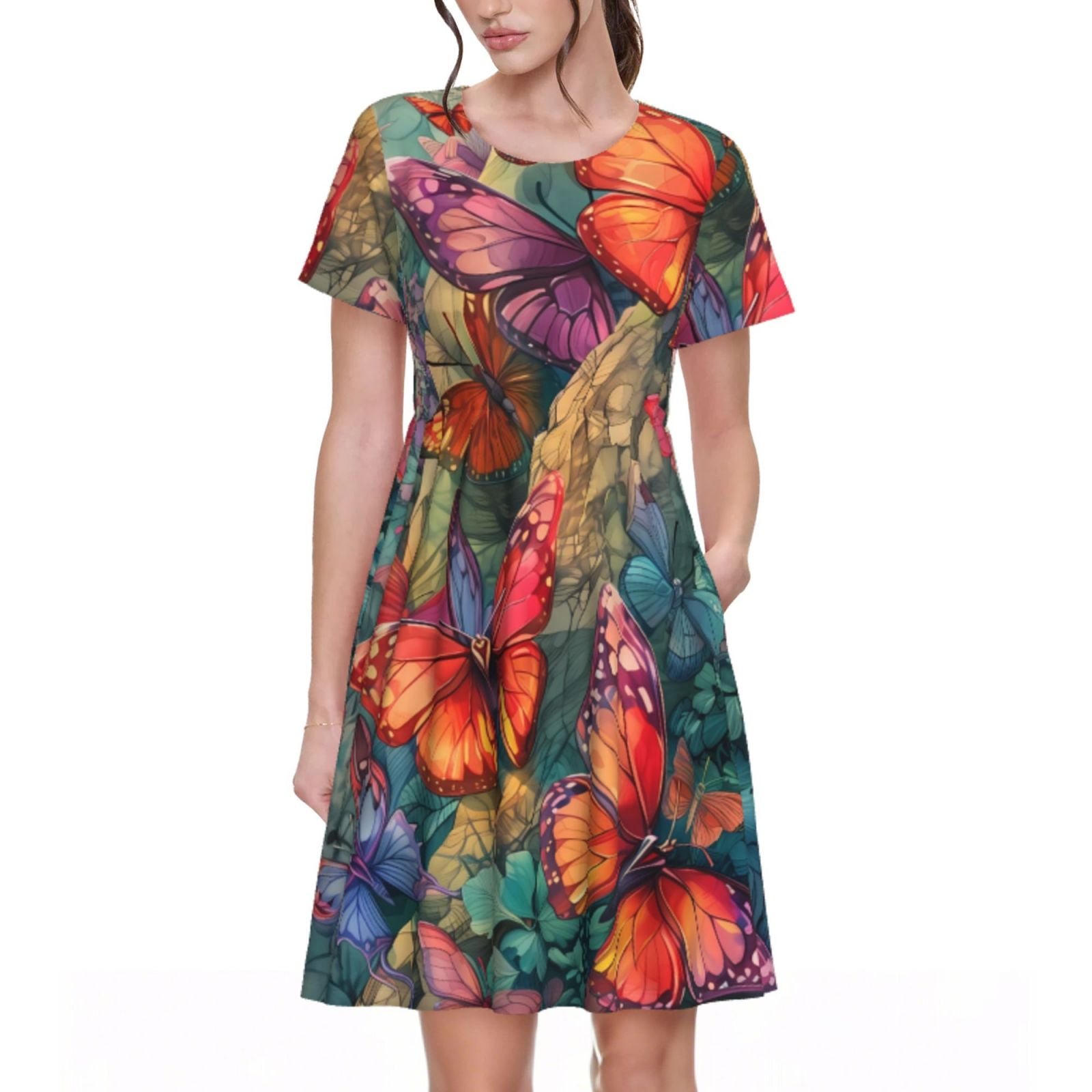 Balery Butterflies On Rocky Cliff Pattern Womens Dresses Loose Short ...