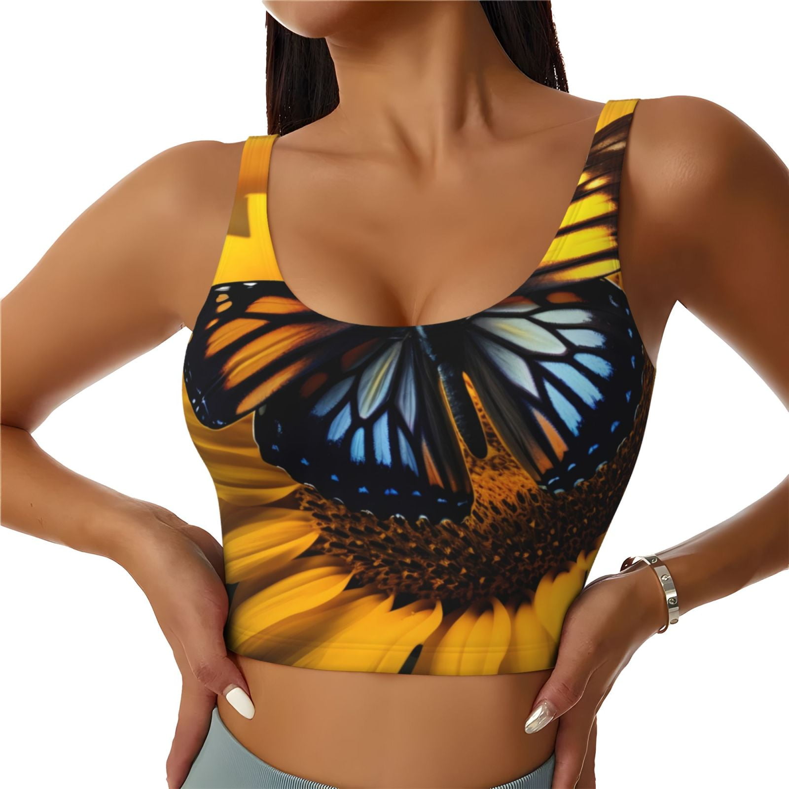 Balery Butterfly On Sunflower Pattern Racerback Sports Bras for Women - Padded Seamless High ...