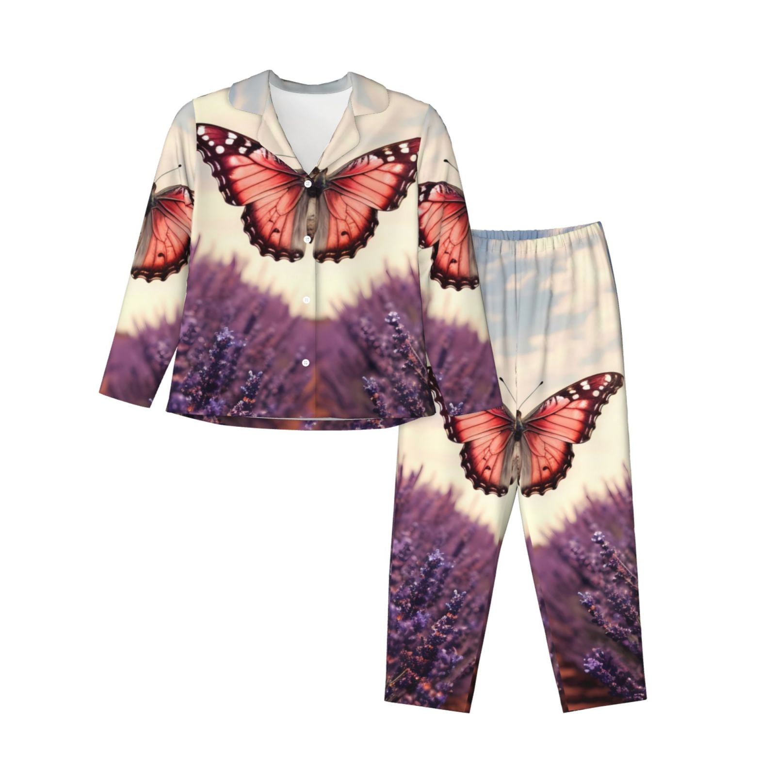 Balery Butterfly Over Lavender Pattern Pajama Sets for Women Long ...