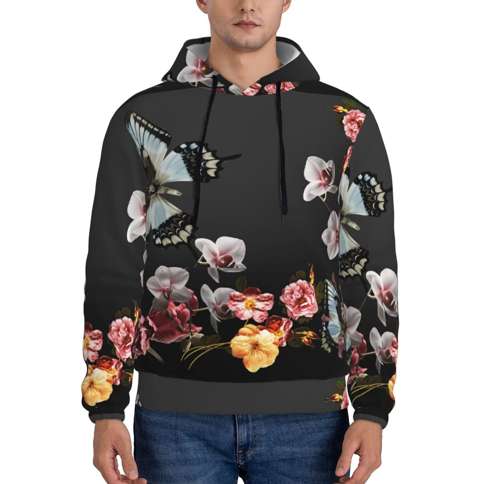 Balery Butterfly with Fowers Pattern Mens Hoodie Kangaroo Pocket Hoodie ...