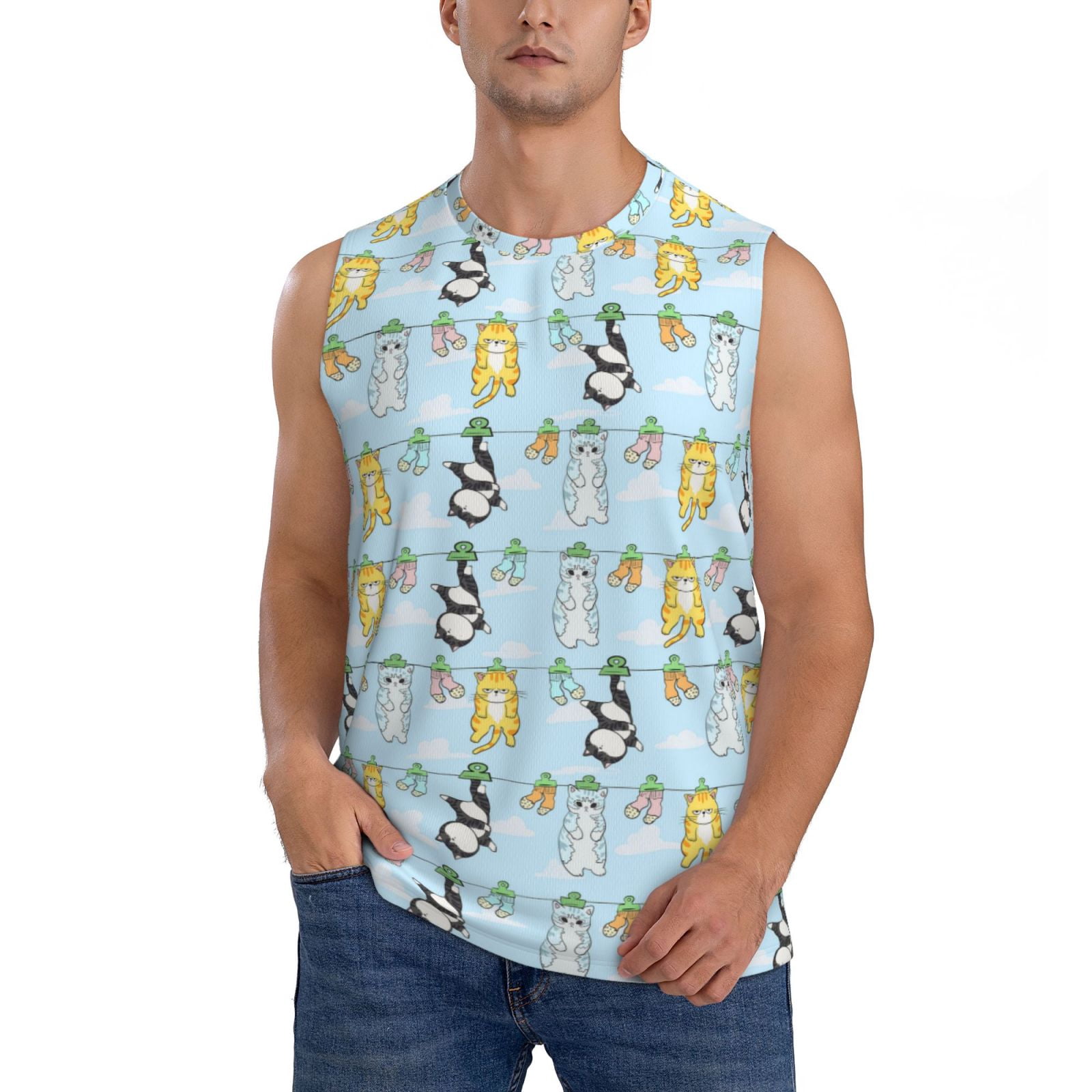 Balery Cartoon Cat Men's Sleeveless Muscle Shirts Workout Tank Top ...