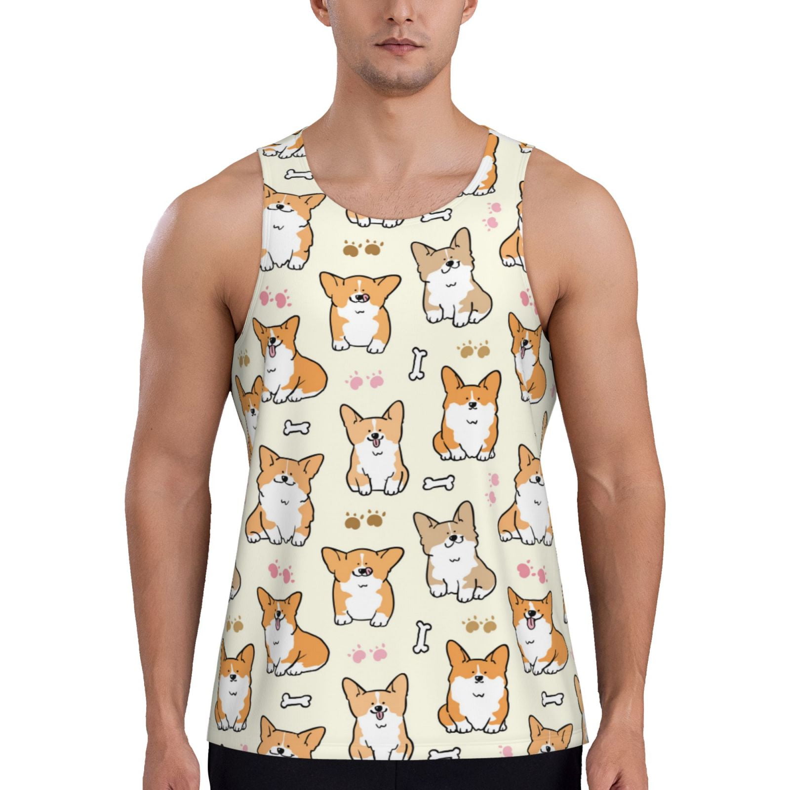 Balery Cartoon Corgi Pattern Men's Workout Tank Top Gym Muscle Tee ...