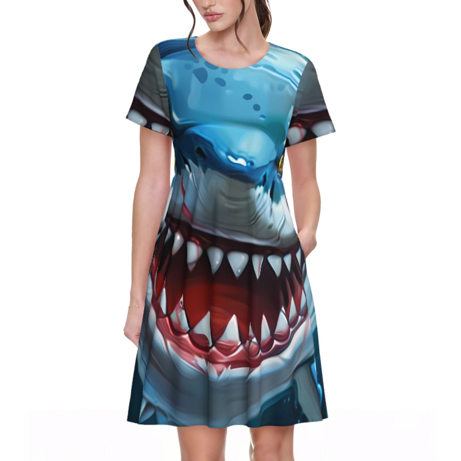 Balery Cartoon Cute Shark Pattern Womens Dresses Loose Short sleeve ...