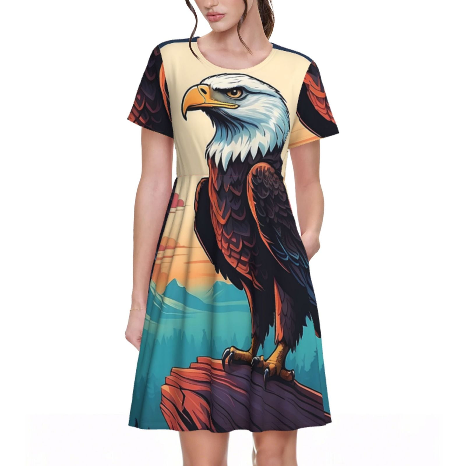 Balery Cartoon Iceberg Bald Eagle Pattern Womens Dresses Loose Short ...