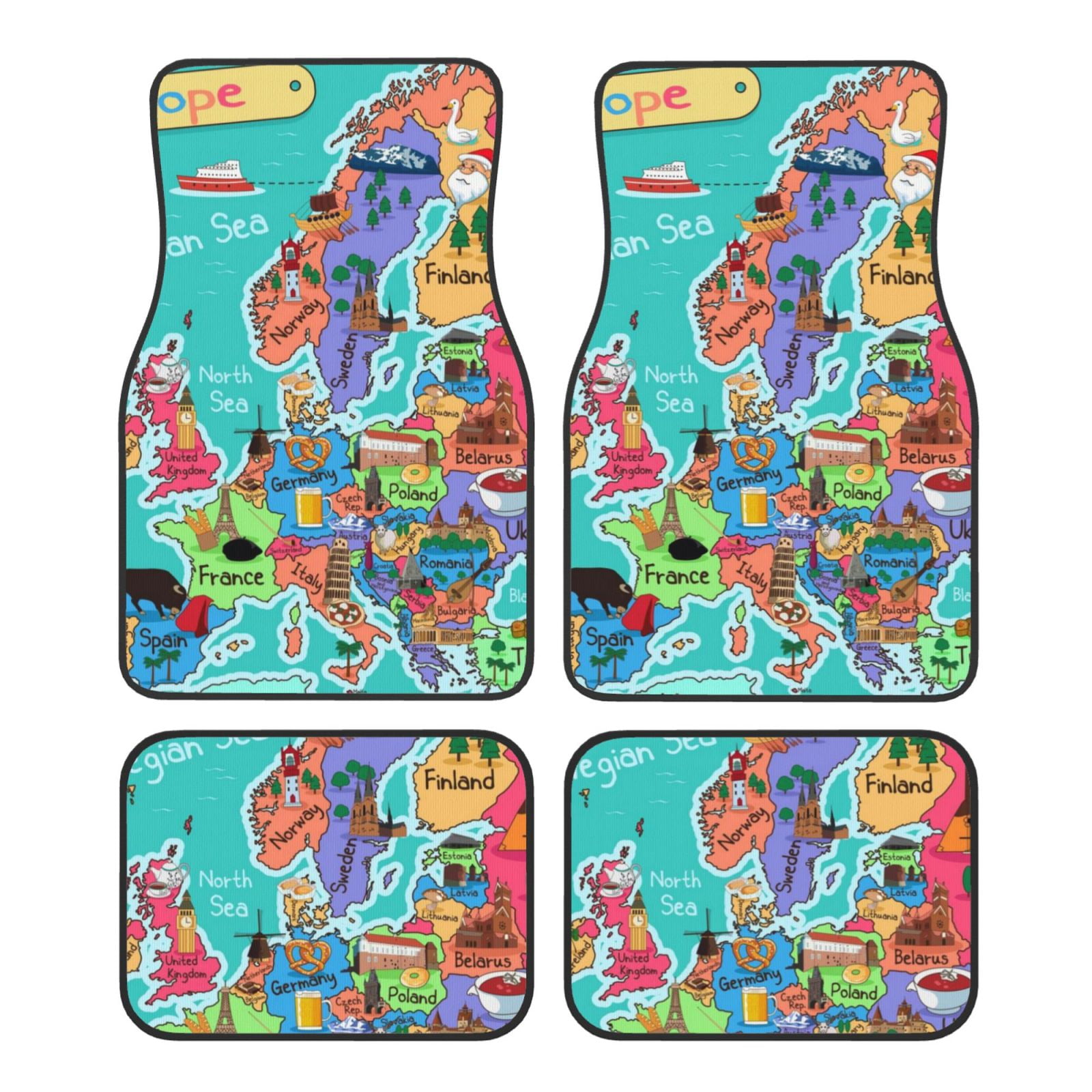Balery Cartoon Map Of Europe Pattern 4-Piece Floor Mats, Heavy-Duty ...