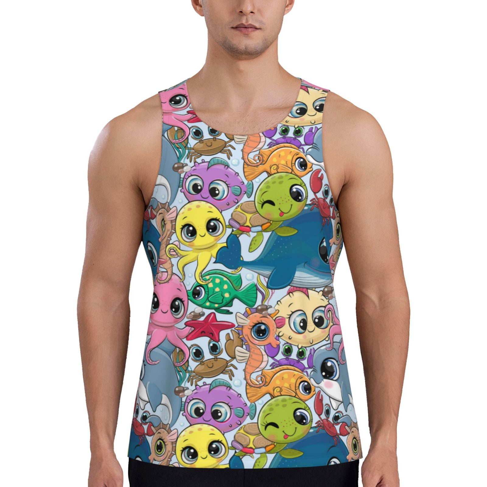 Balery Cartoon Marine Animals Pattern Men's Workout Tank Top Gym Muscle ...