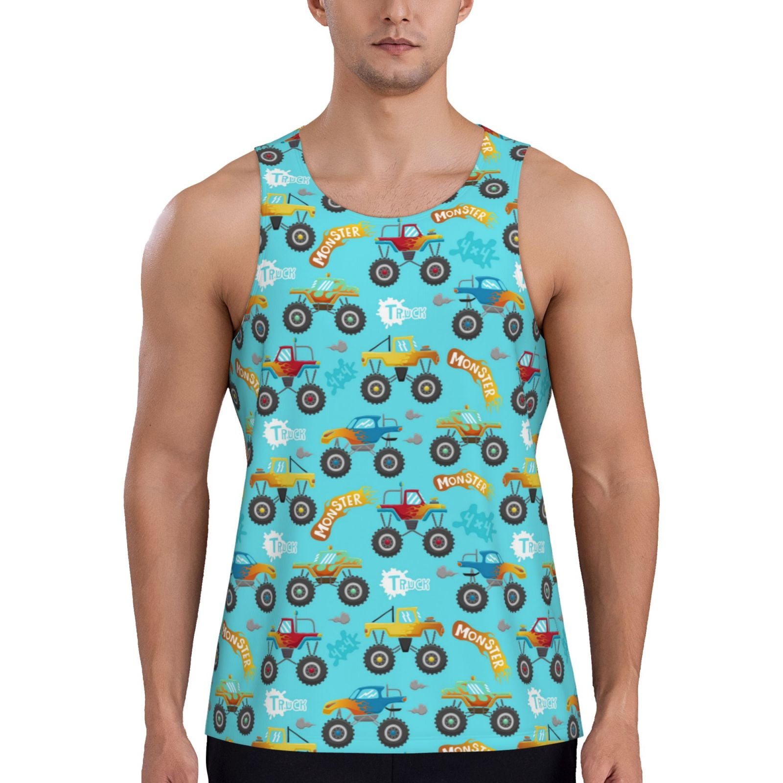 Balery Cartoon Monster Truck Pattern Men's Workout Tank Top Gym Muscle ...