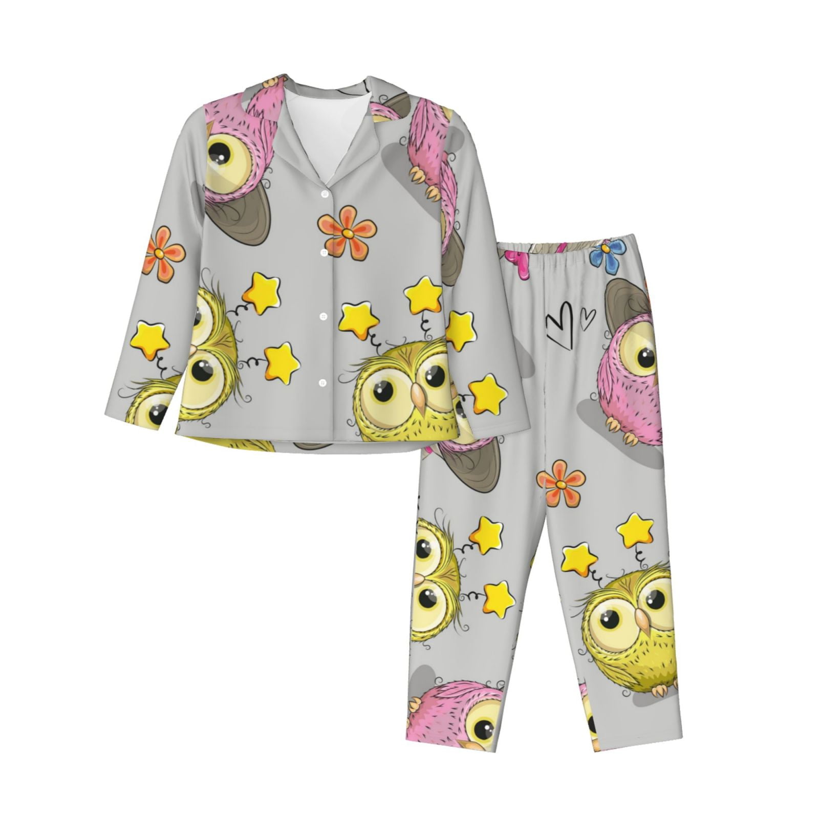 Balery Cartoon Owls Pattern Pajama Sets for Women Long Sleeve 2 Piece ...