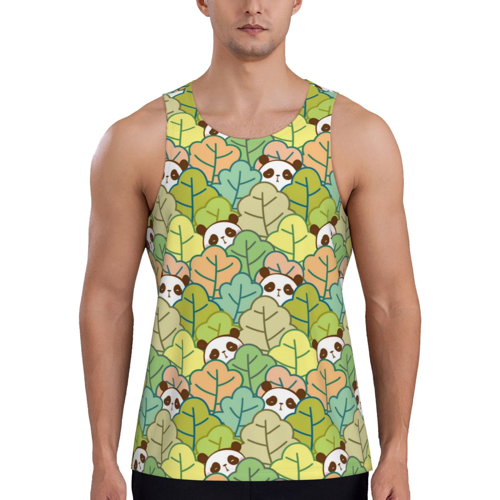 Balery Cartoon Panda And Leaf Pattern Men's Workout Tank Top Gym Muscle ...
