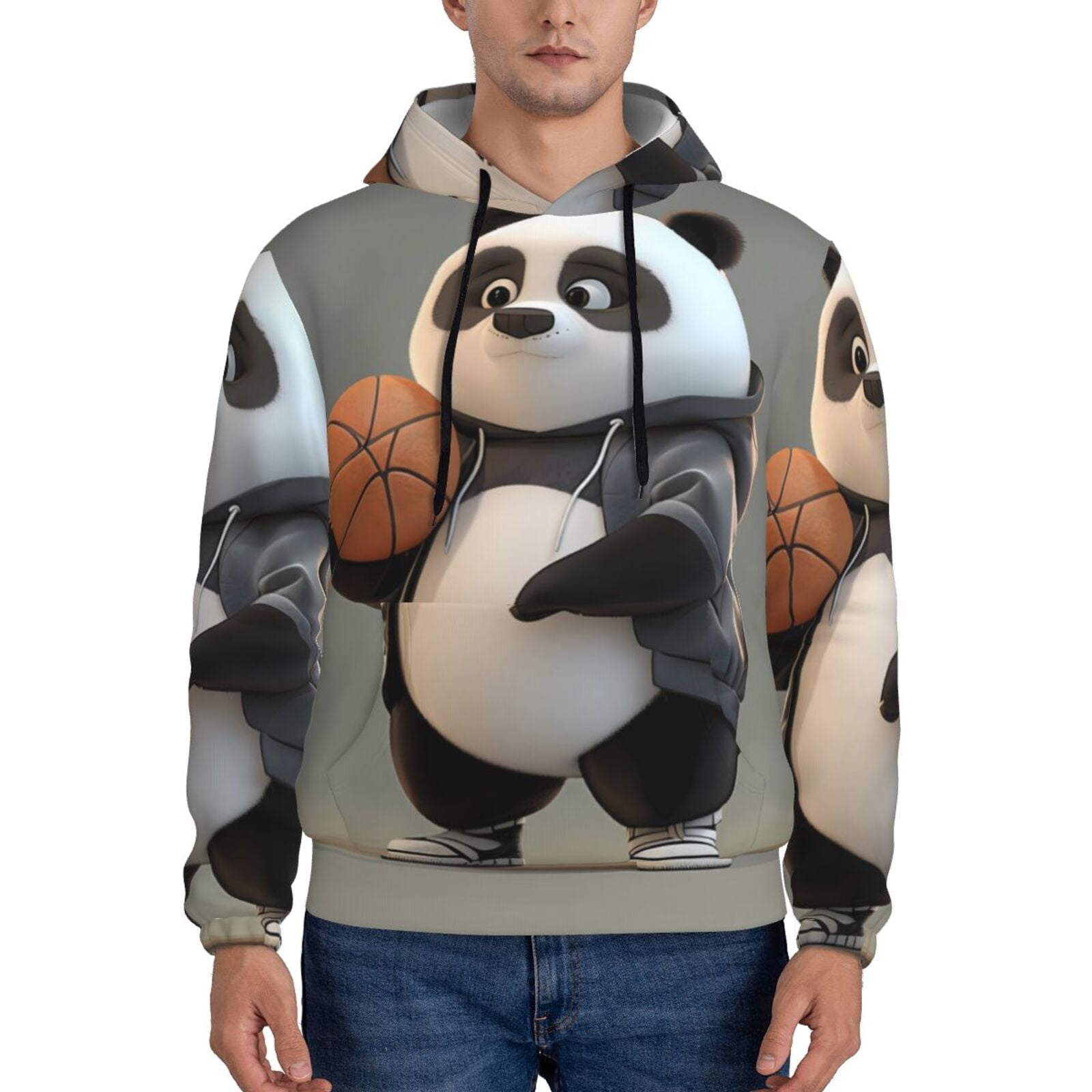 Balery Cartoon Pandas Basketball Pattern Mens Hoodie Kangaroo Pocket ...
