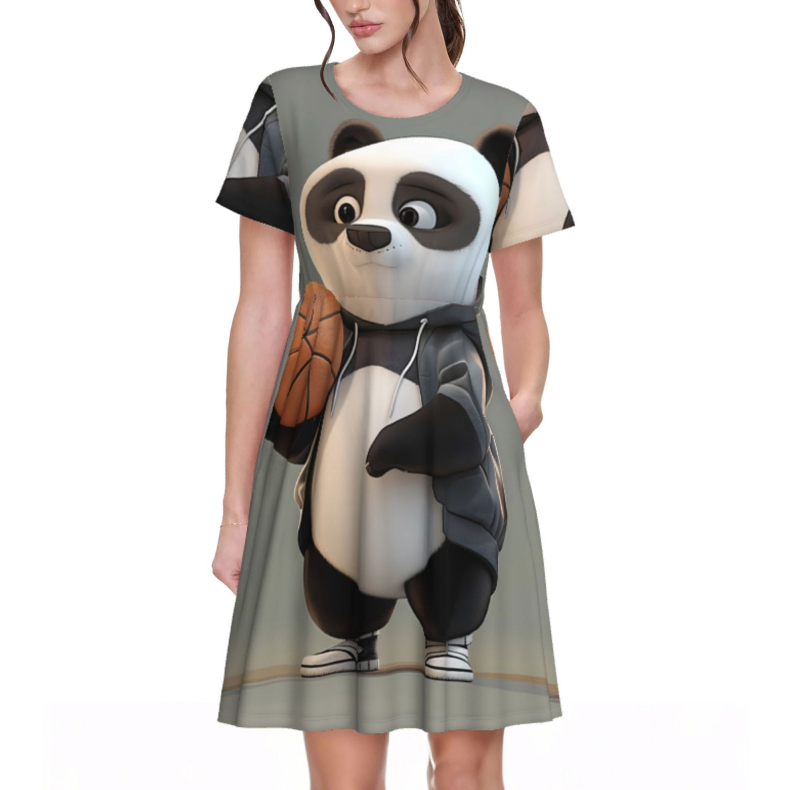 Balery Cartoon Pandas Basketball Pattern Womens Dresses Loose Short ...