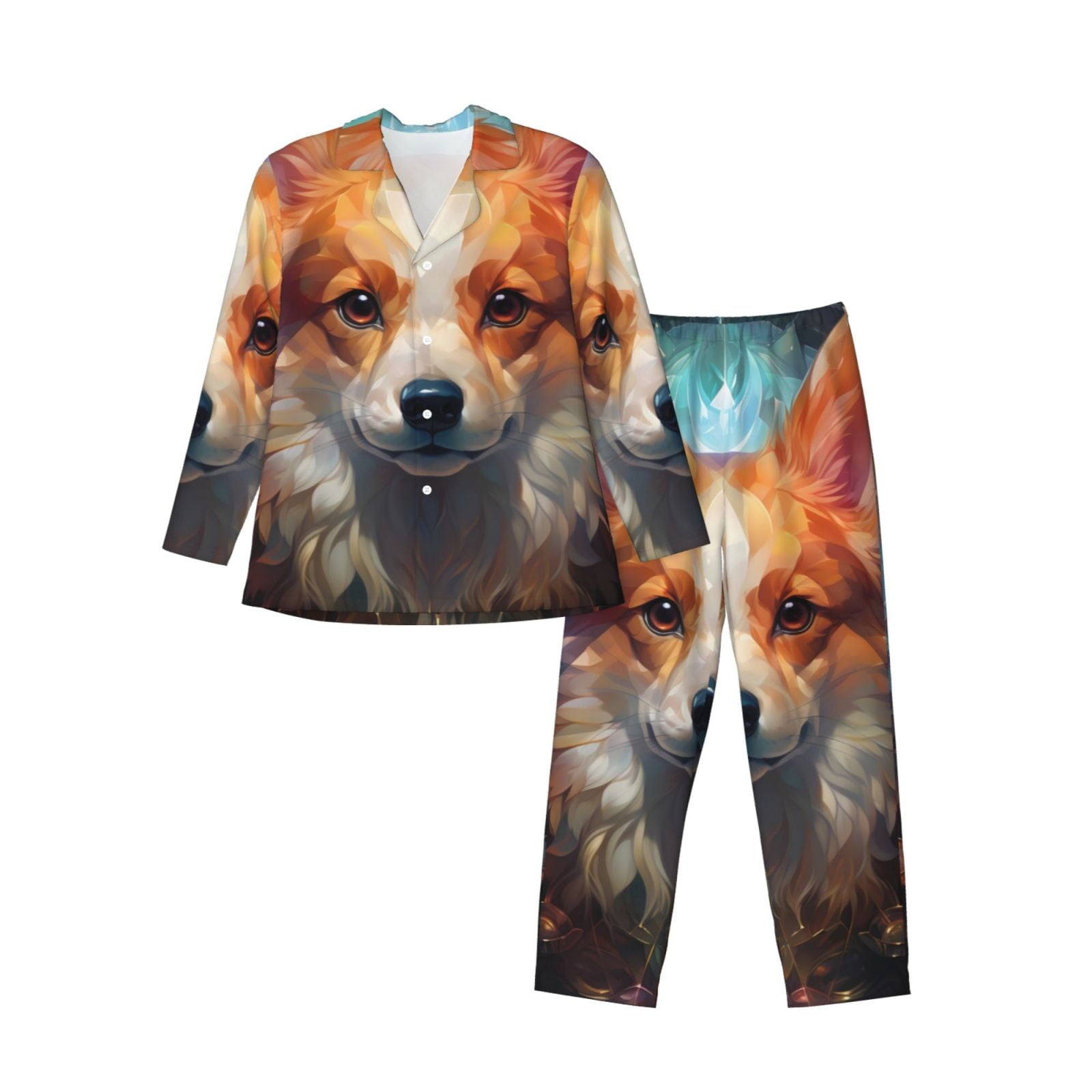 Balery Cartoon Pattern Corgi Pattern Pajama Sets for Men Long Sleeve 2 ...