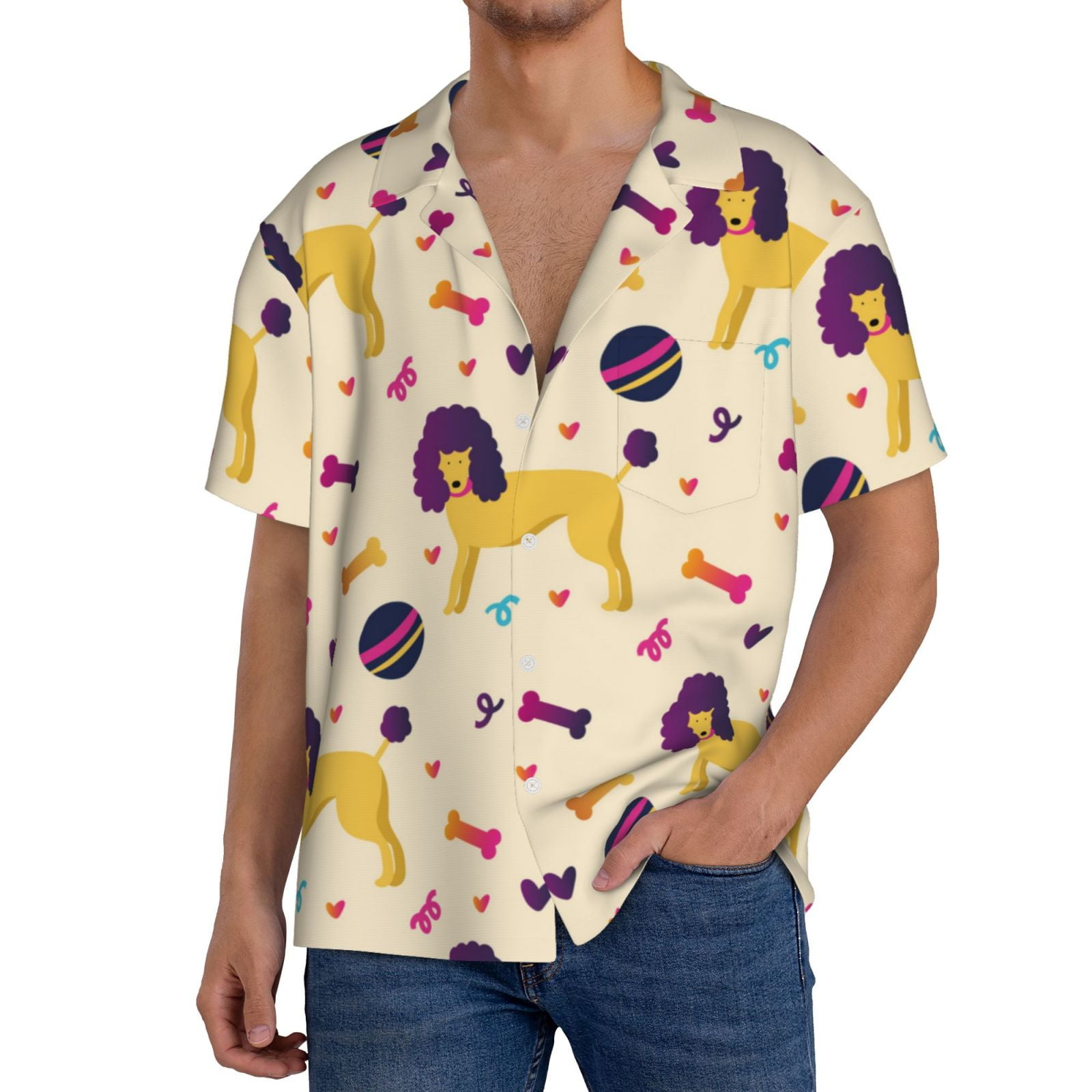 Balery Cartoon Poodle Dog Men's Casual Button Down Shirt Short Sleeve ...