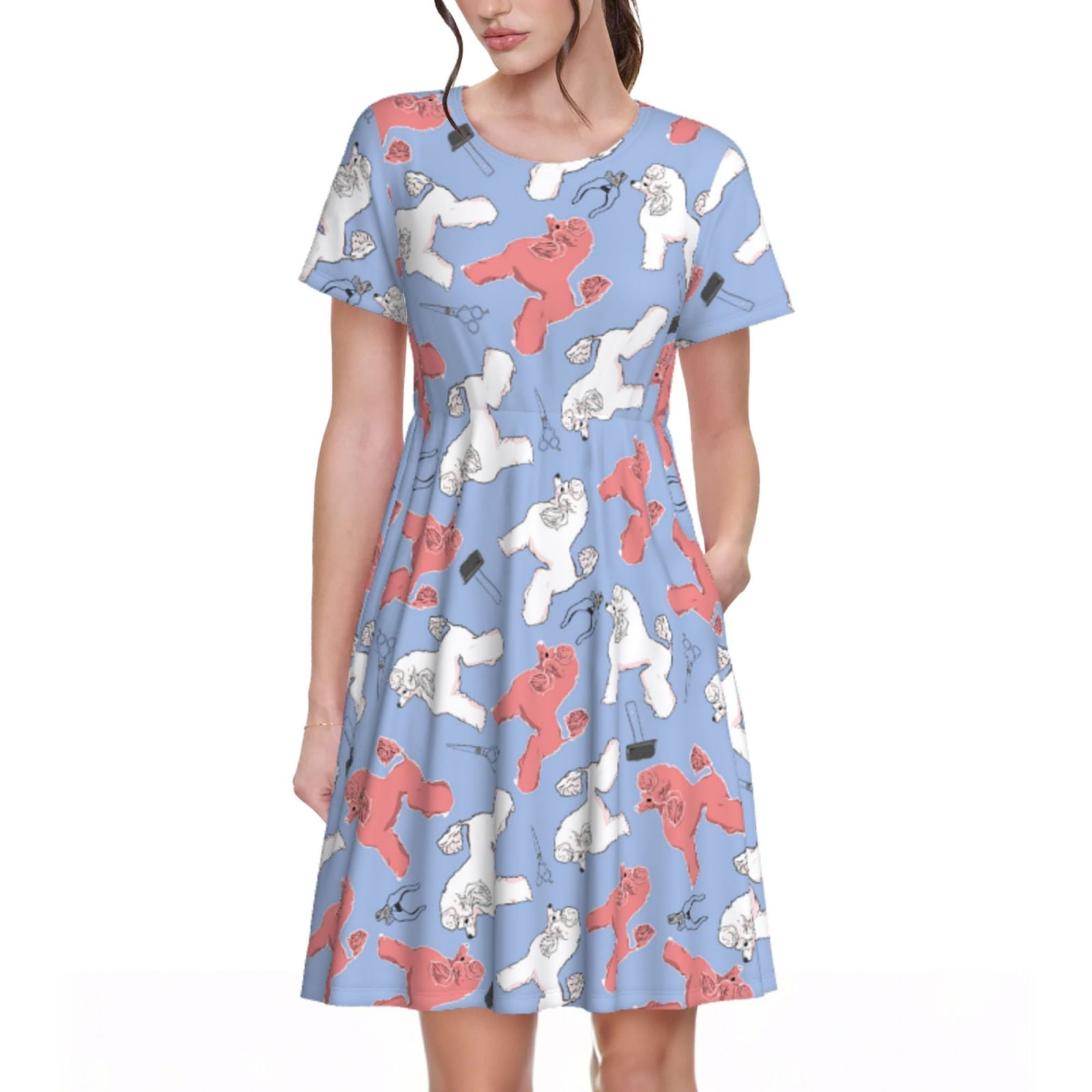 Balery Cartoon Poodle Dog Pattern Womens Dresses Loose Short sleeve ...