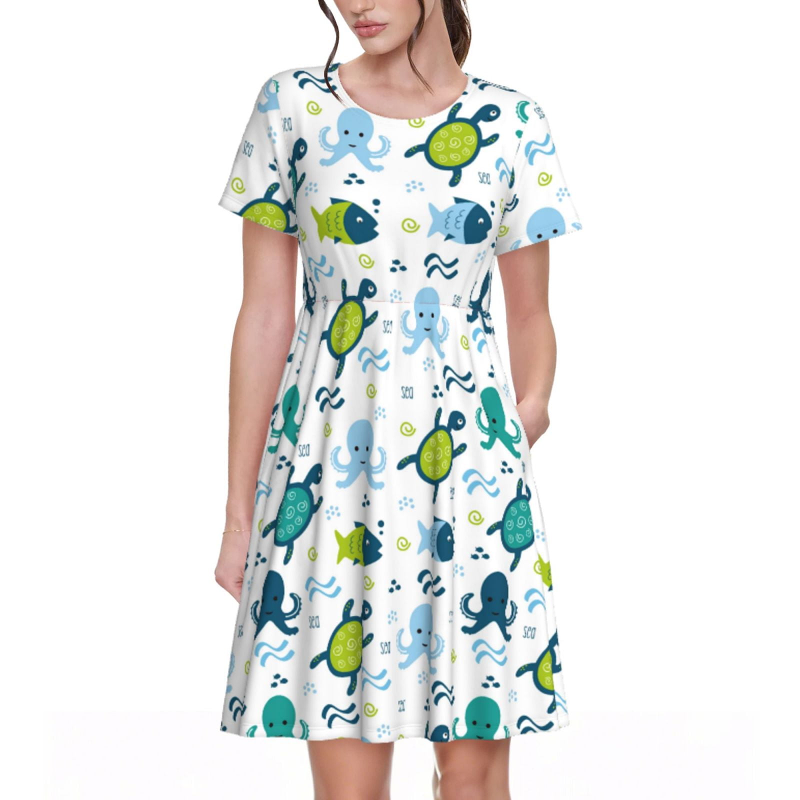 Balery Cartoon Sea Creatures Pattern Womens Dresses Loose Short sleeve ...