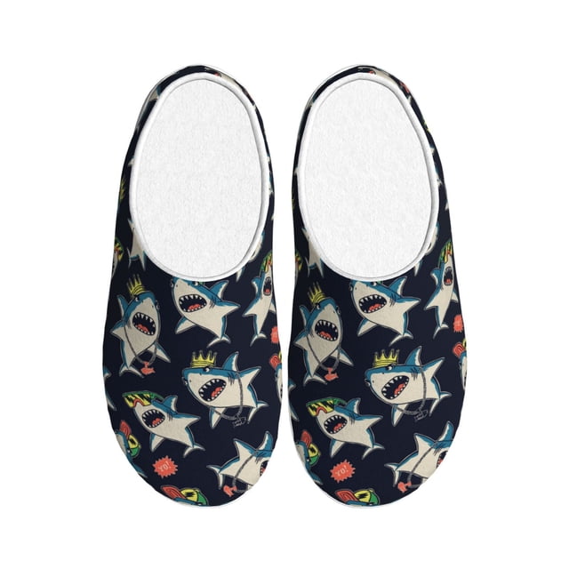 Balery Cartoon Sharks Pattern Women's Fuzzy Memory Foam Slippers Fluffy ...