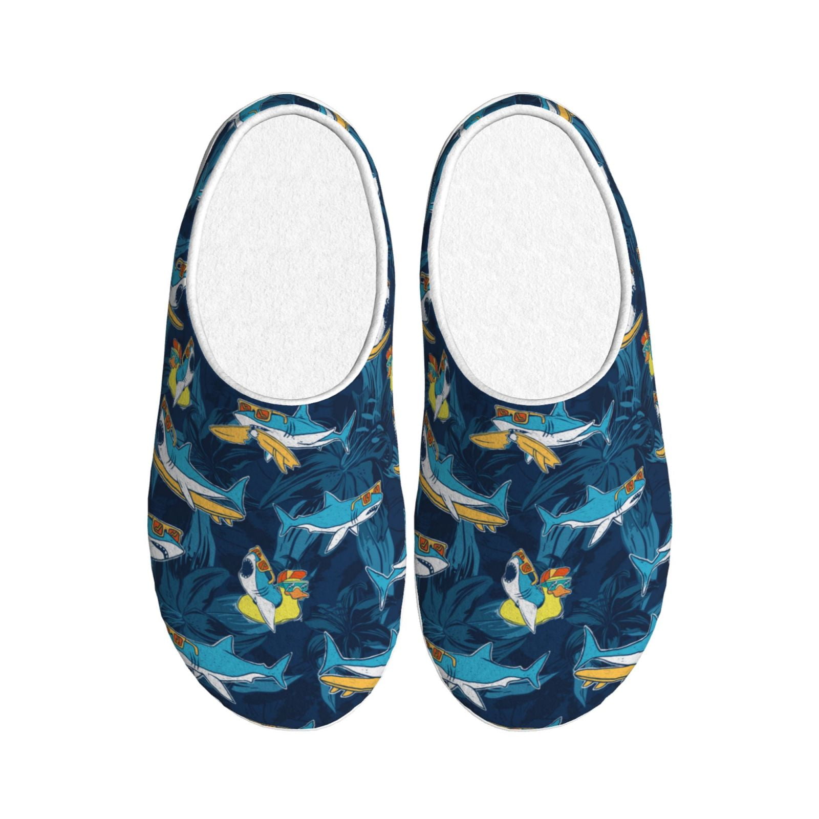 Balery Cartoon Surfer Sharks Pattern Women's Fuzzy Memory Foam Slippers ...