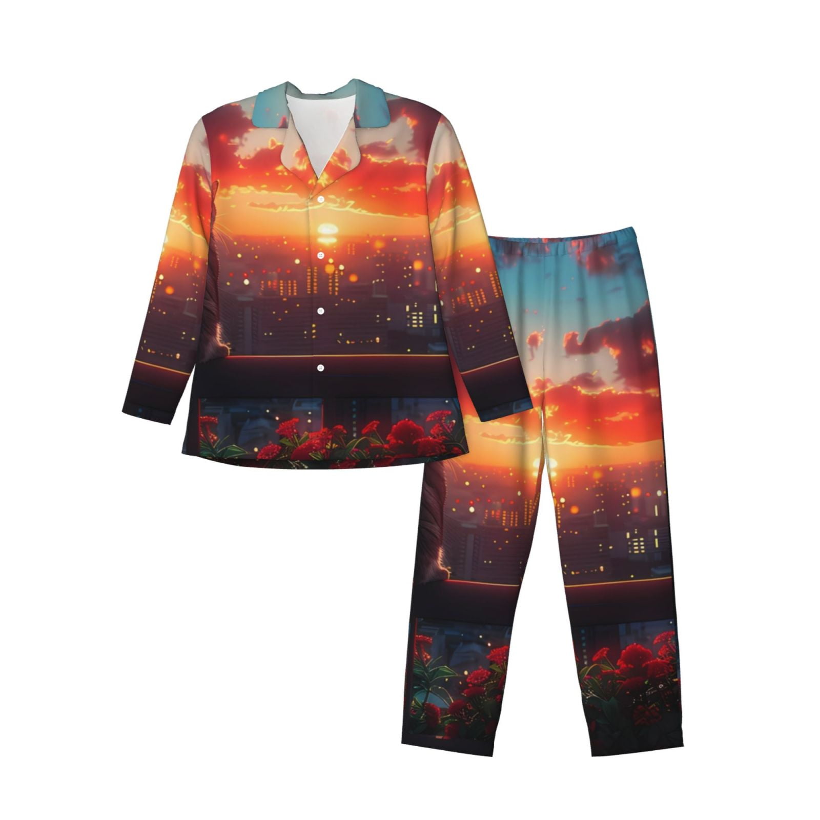 Balery Cat Watching City Sunset Pattern Pajama Sets for Men Long Sleeve ...