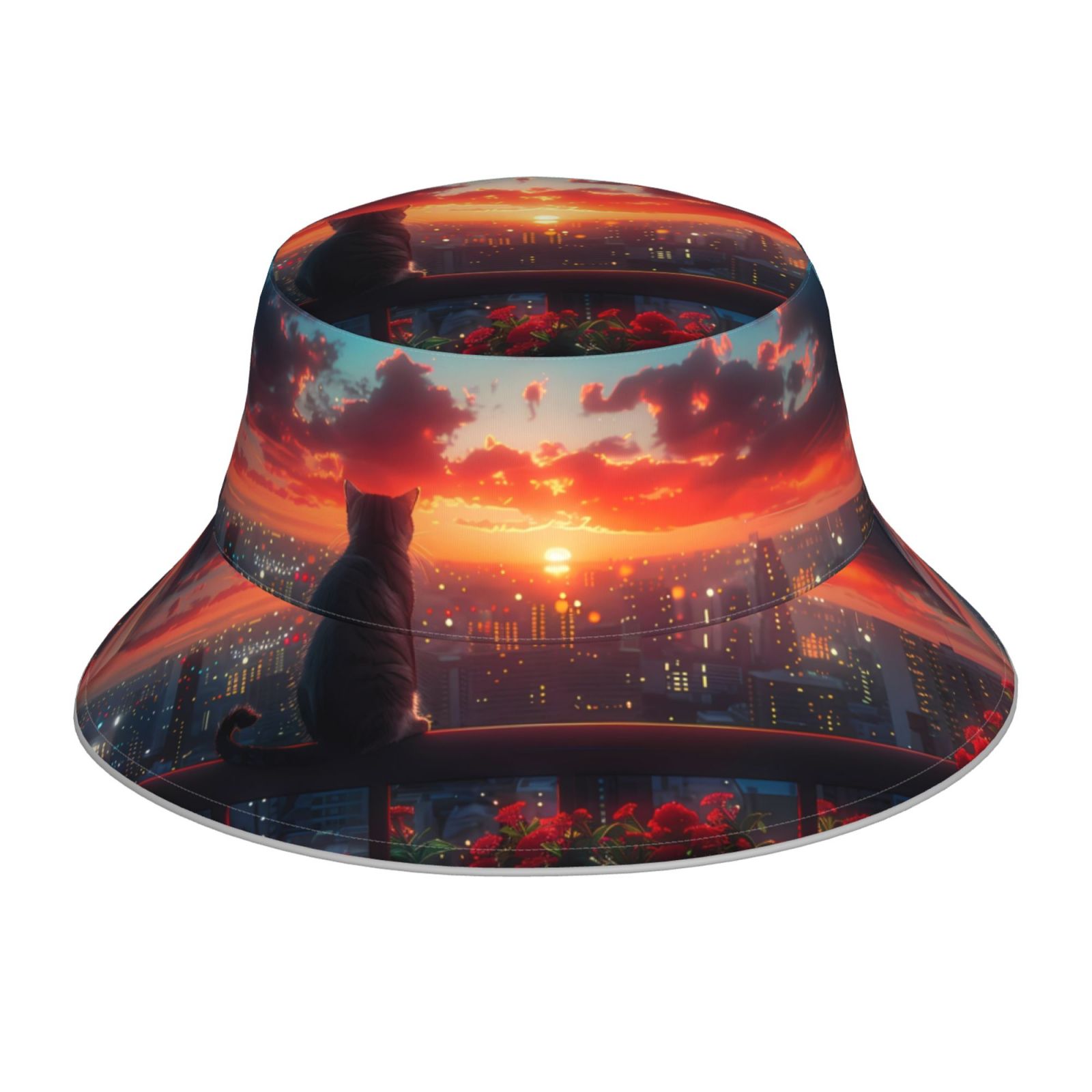 Balery Cat Watching City Sunset Sun Hats for Men Women Bucket Hat UPF ...