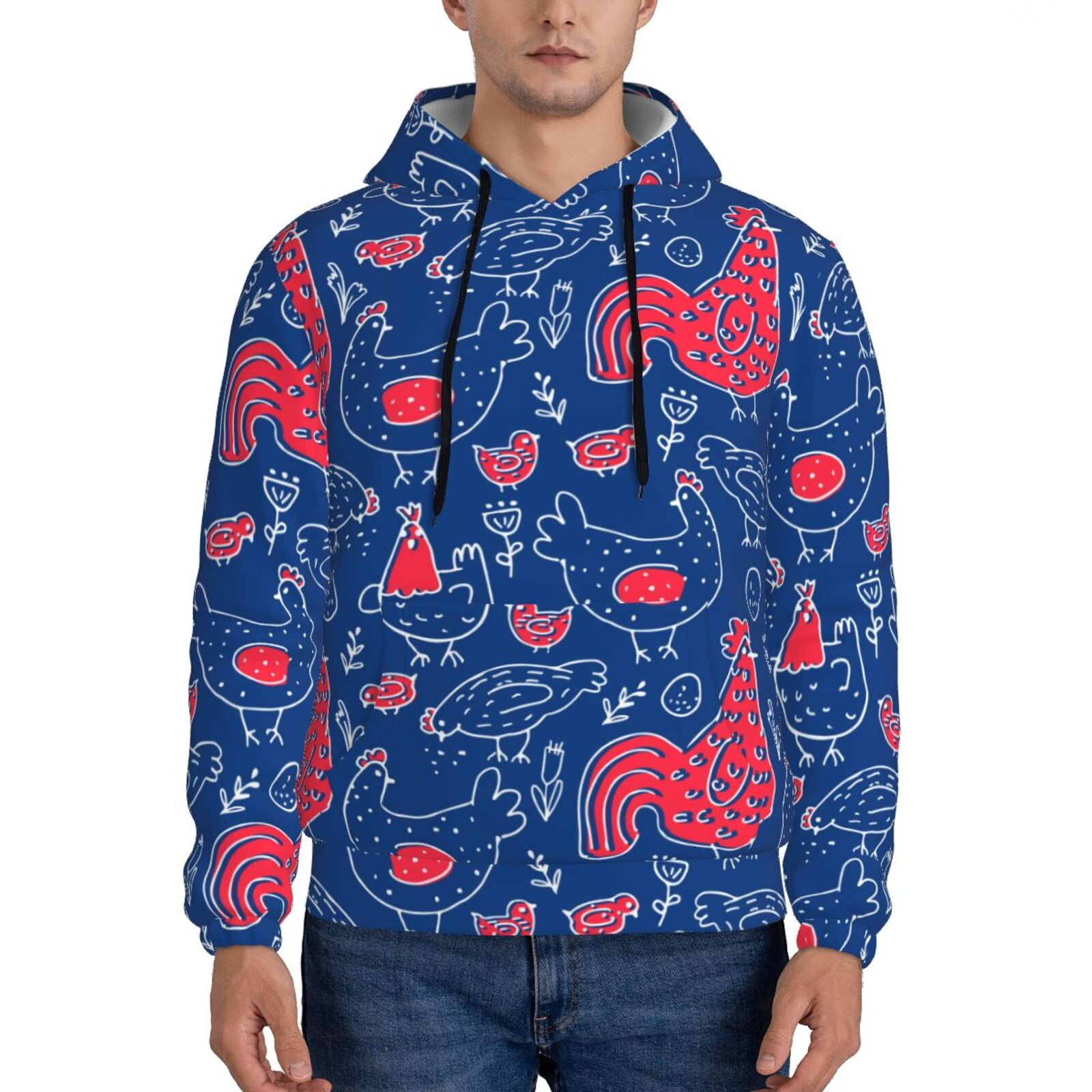 Balery Chicken and Rooster Pattern Mens Hoodie Kangaroo Pocket Hoodie ...