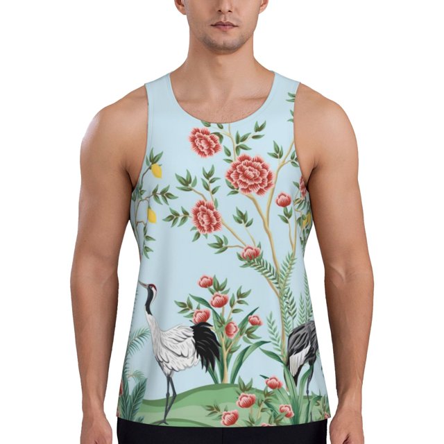 Balery Chinoiserie Floral Palm Tree Pattern Men's Workout Tank Top Gym ...