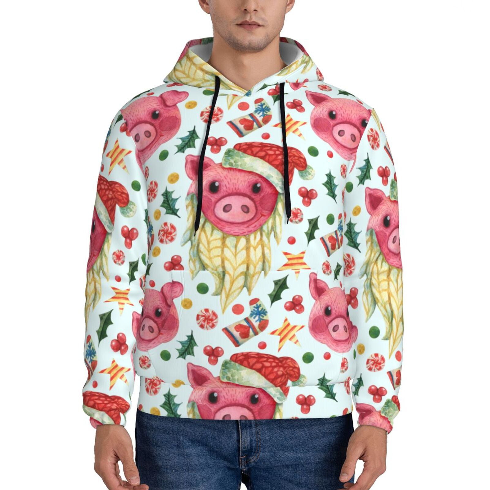 Balery Christmas Cute Pigs Pattern Mens Hoodie Kangaroo Pocket Hoodie ...