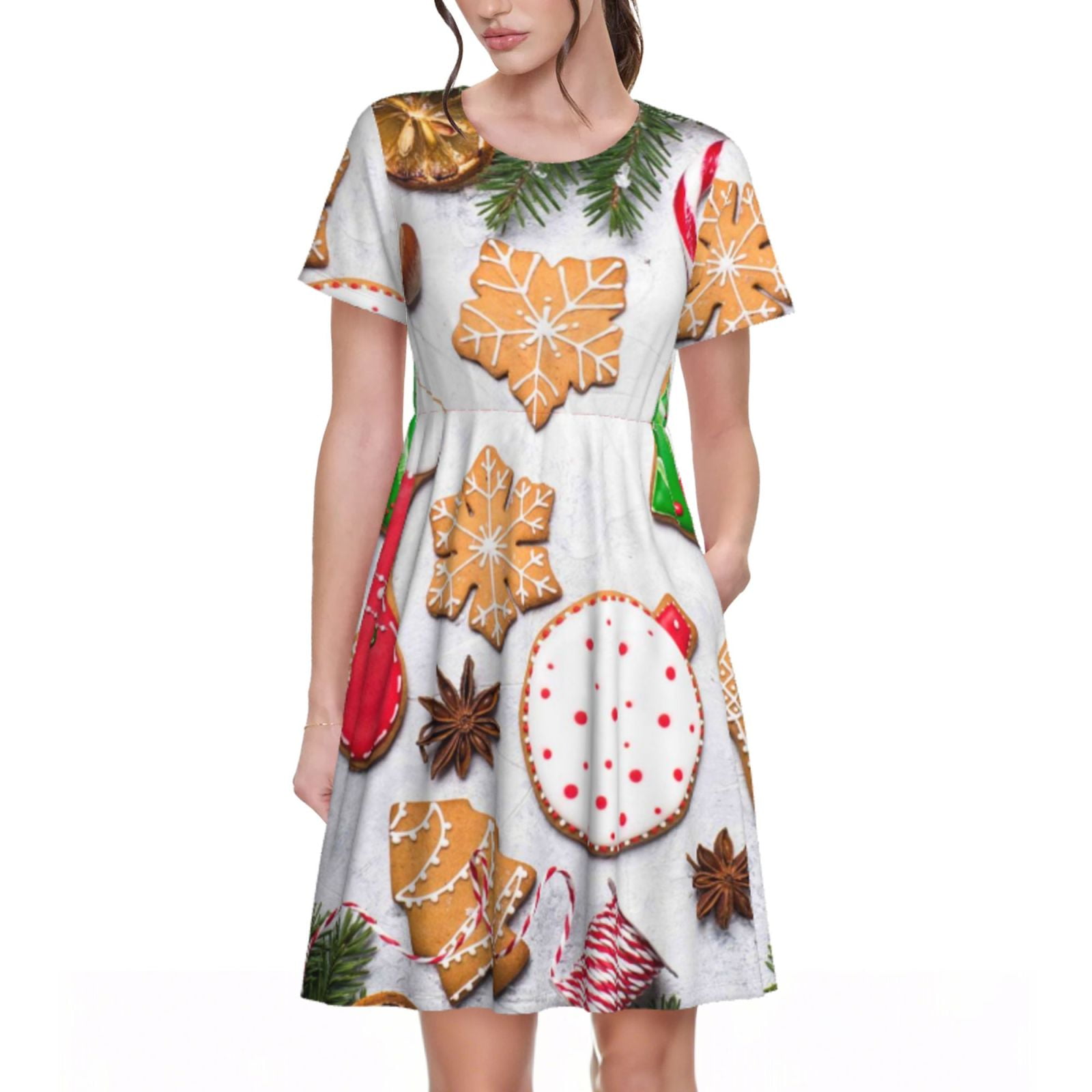 Balery Christmas Gingerbread Cookies Pattern Womens Dresses Loose Short ...