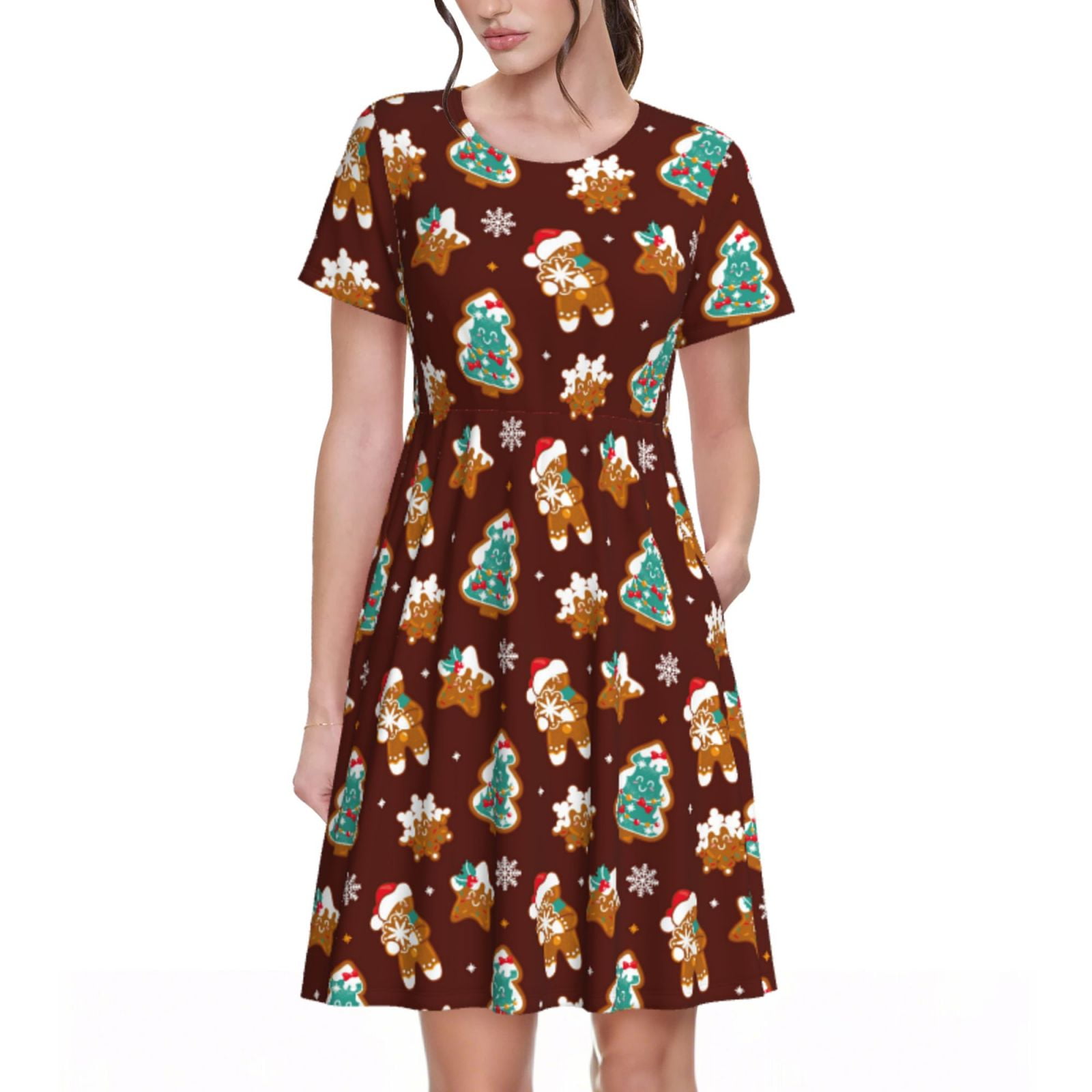 Balery Christmas Gingerbread Pattern Womens Dresses Loose Short sleeve ...