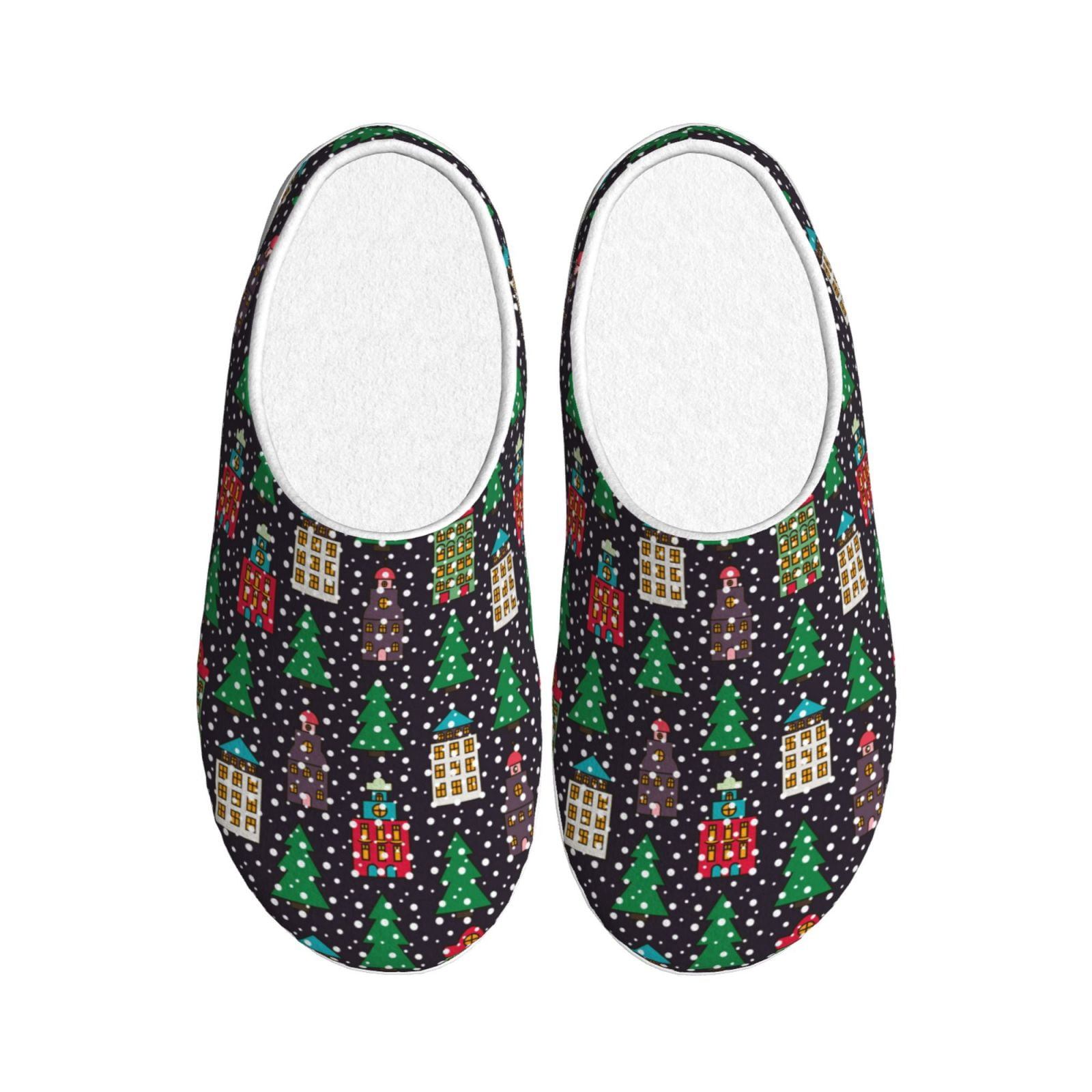 Balery Christmas Trees And Houses Pattern Women's Fuzzy Memory Foam ...