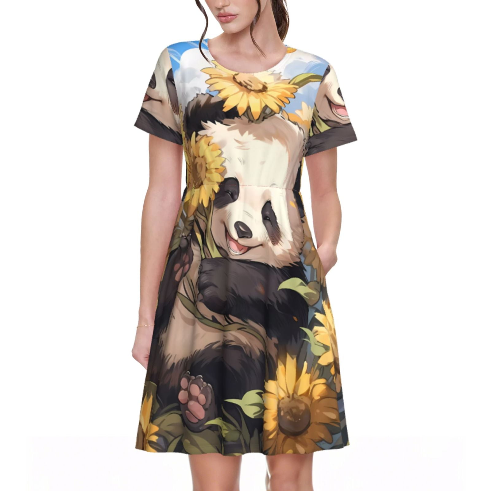 Balery Clear Sky Cute Sunflower Panda Pattern Womens Dresses Loose ...