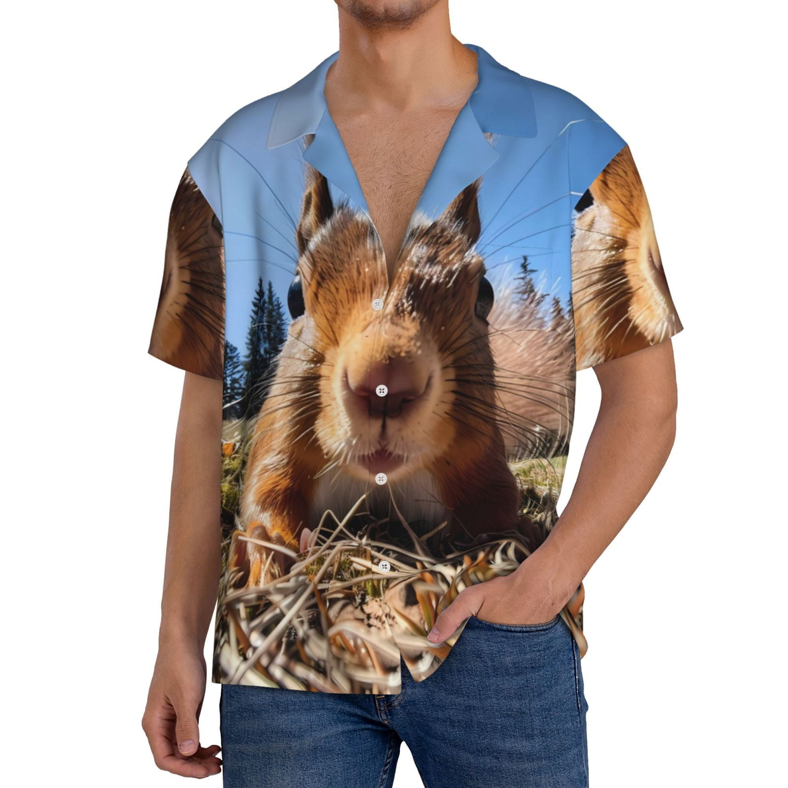 Balery Close-Up Curious Squirrel Men's Casual Button Down Shirt Short ...