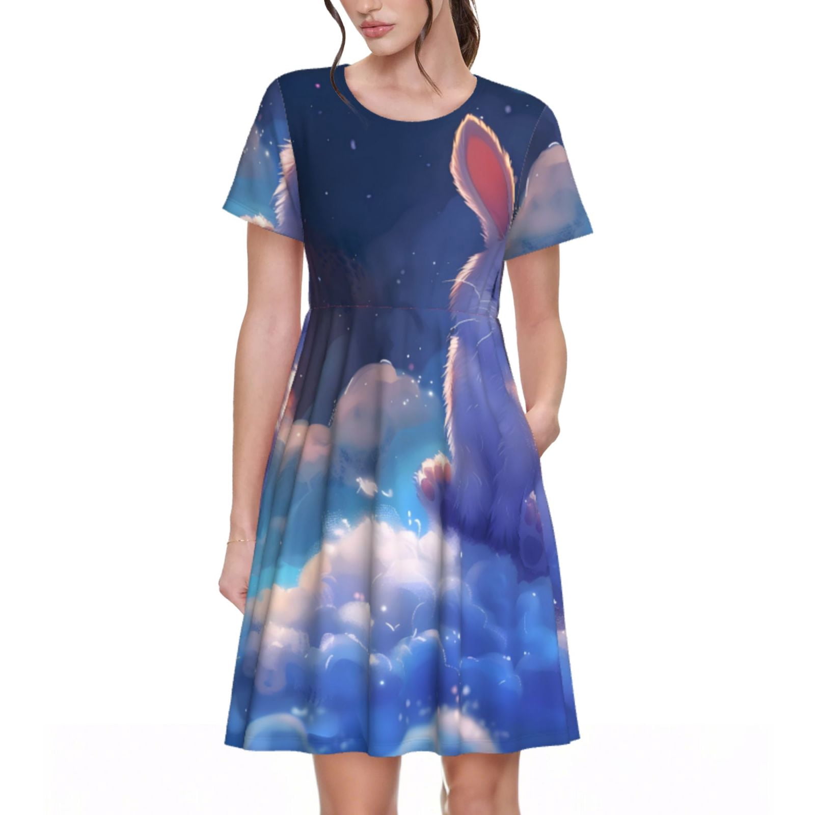 Balery Cloud Cute Rabbit Pattern Womens Dresses Loose Short sleeve ...