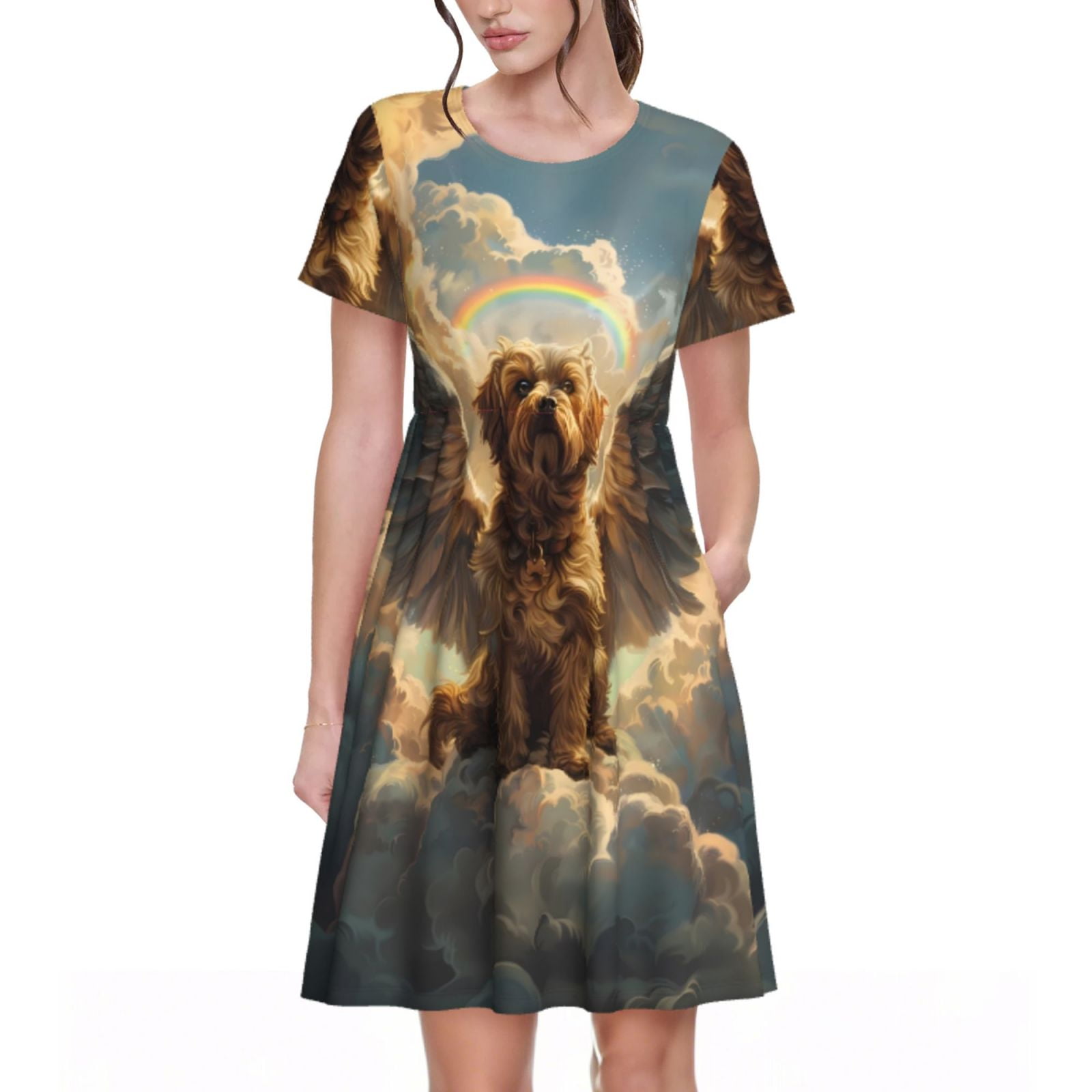 Balery Cloud Rainbow Winged Dog Pattern Womens Dresses Loose Short ...