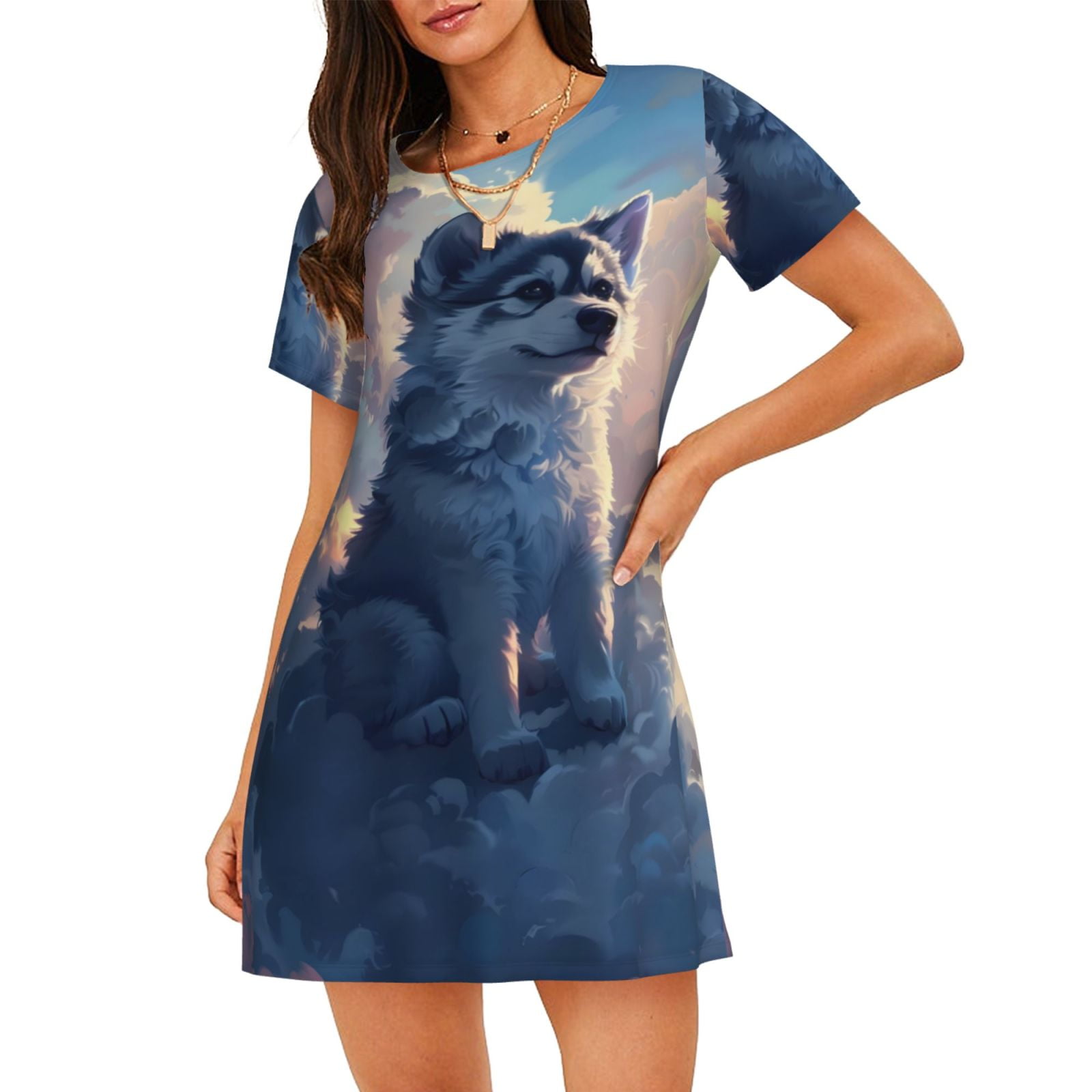 Balery Cloud Wolf Pattern Womens Short Sleeve Sleepshirt Scoopneck Cute ...