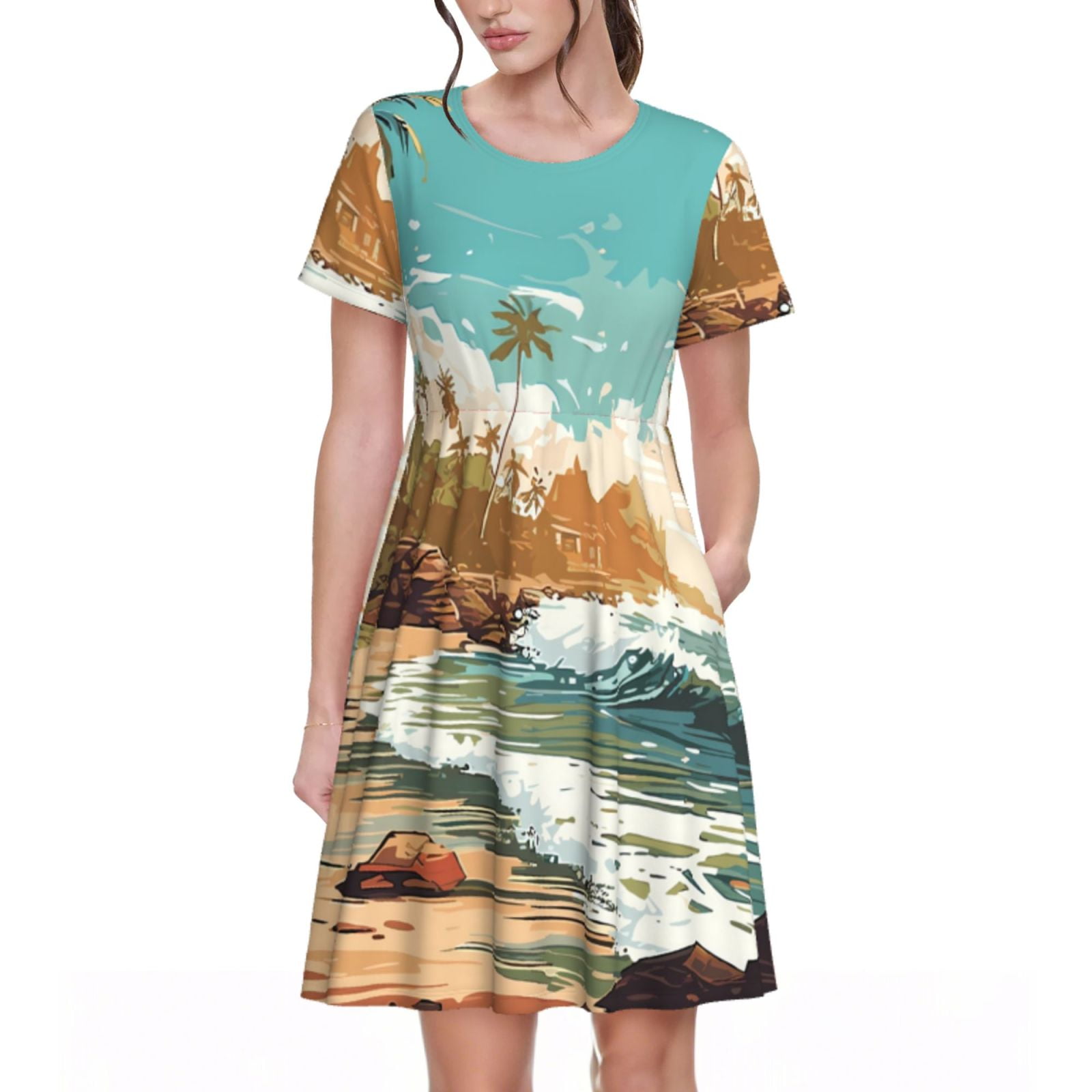 Balery Coastal Palm Beach Pattern Womens Dresses Loose Short sleeve ...